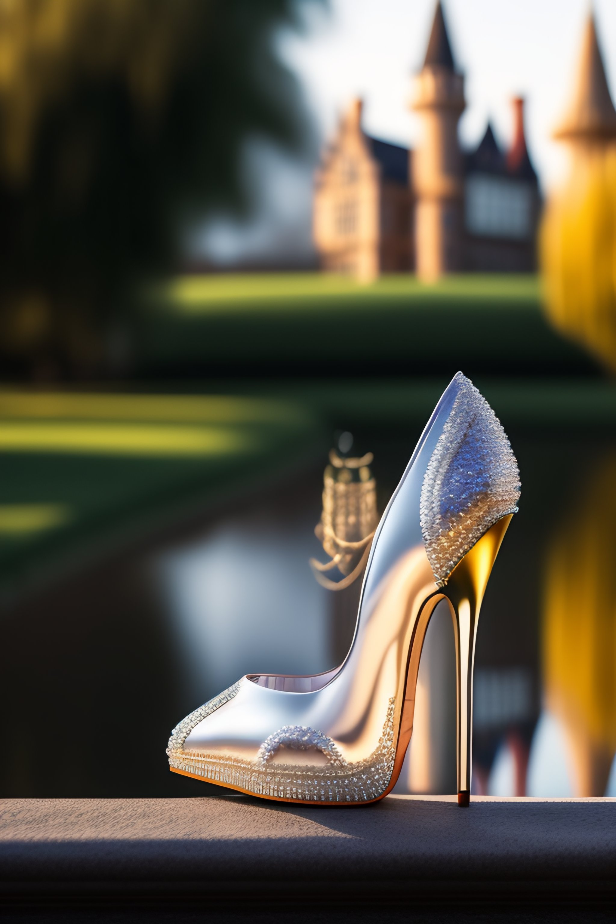 Lexica - Shiny clear high heel shoe in front of a castle, fantasy, 8k ...