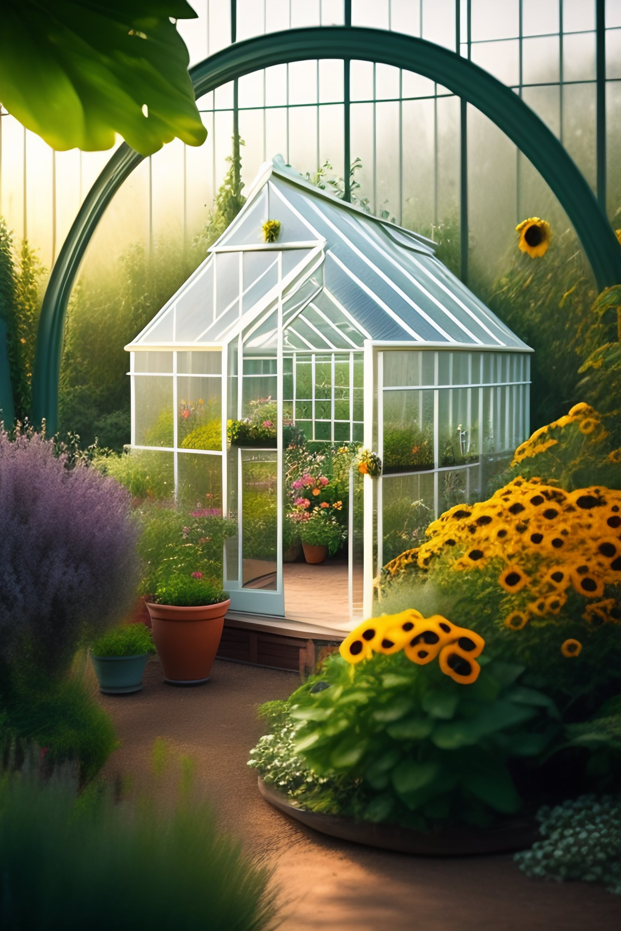 Lexica - A lush greenhouse, bees, flowers, beehive