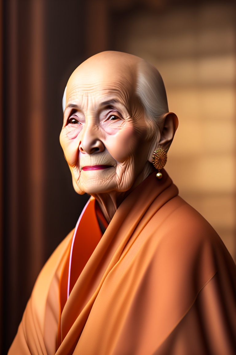 Lexica - Old woman facing camera, monk, mature bald