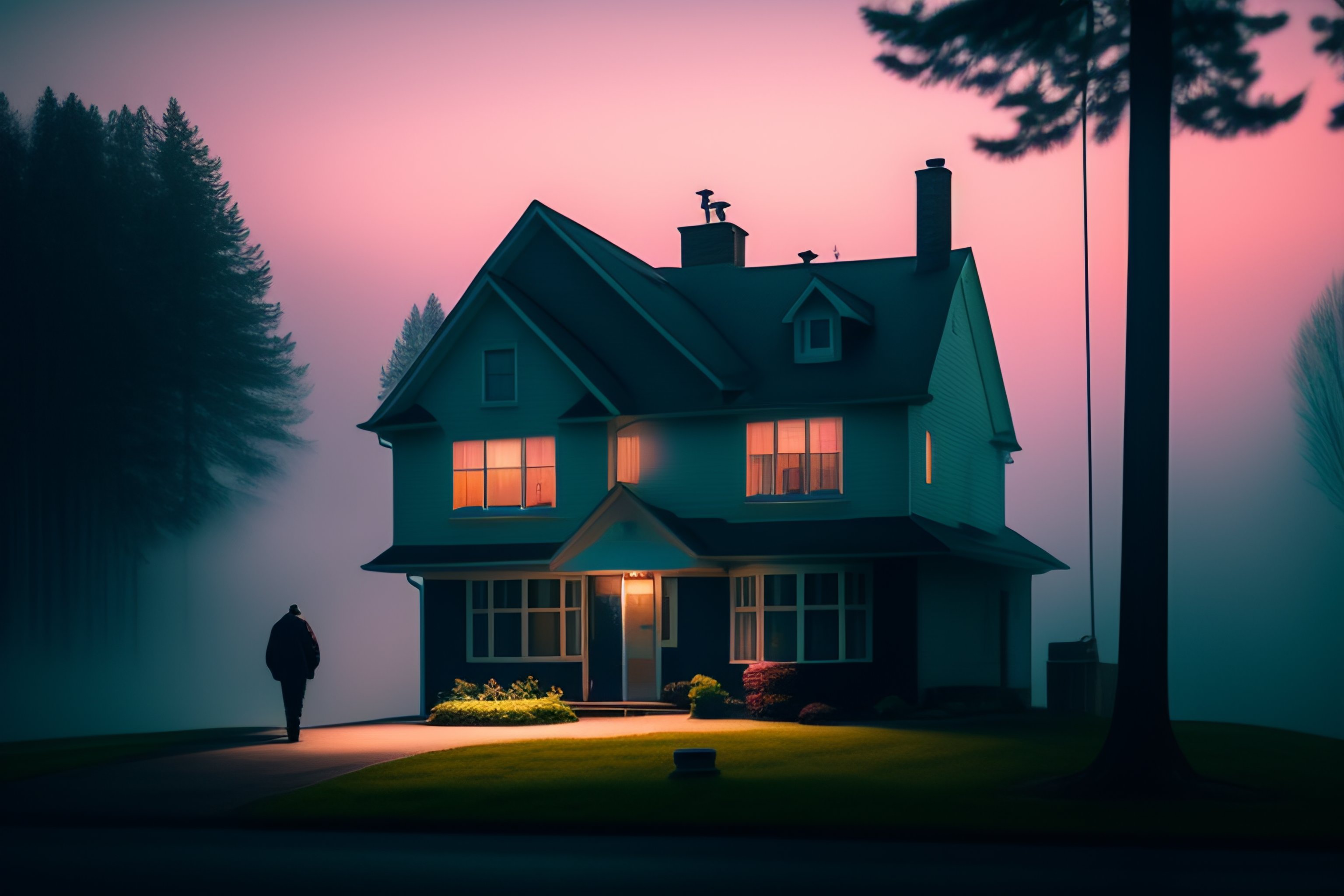 Lexica - Analog style, a lonely suburban house in the night, fog, mist ...