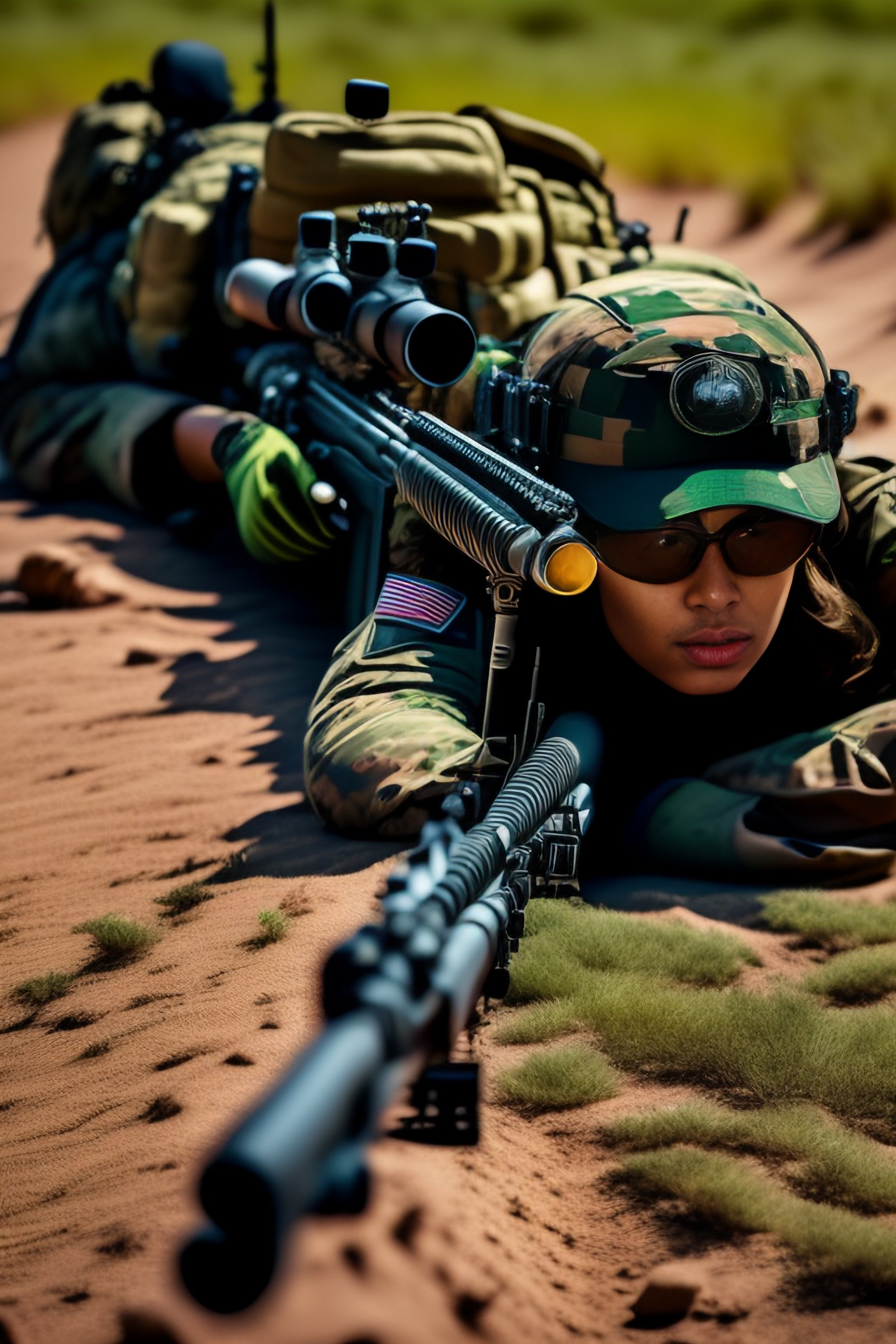 Lexica - Full frame, perspective from above, beautiful female sniper ...