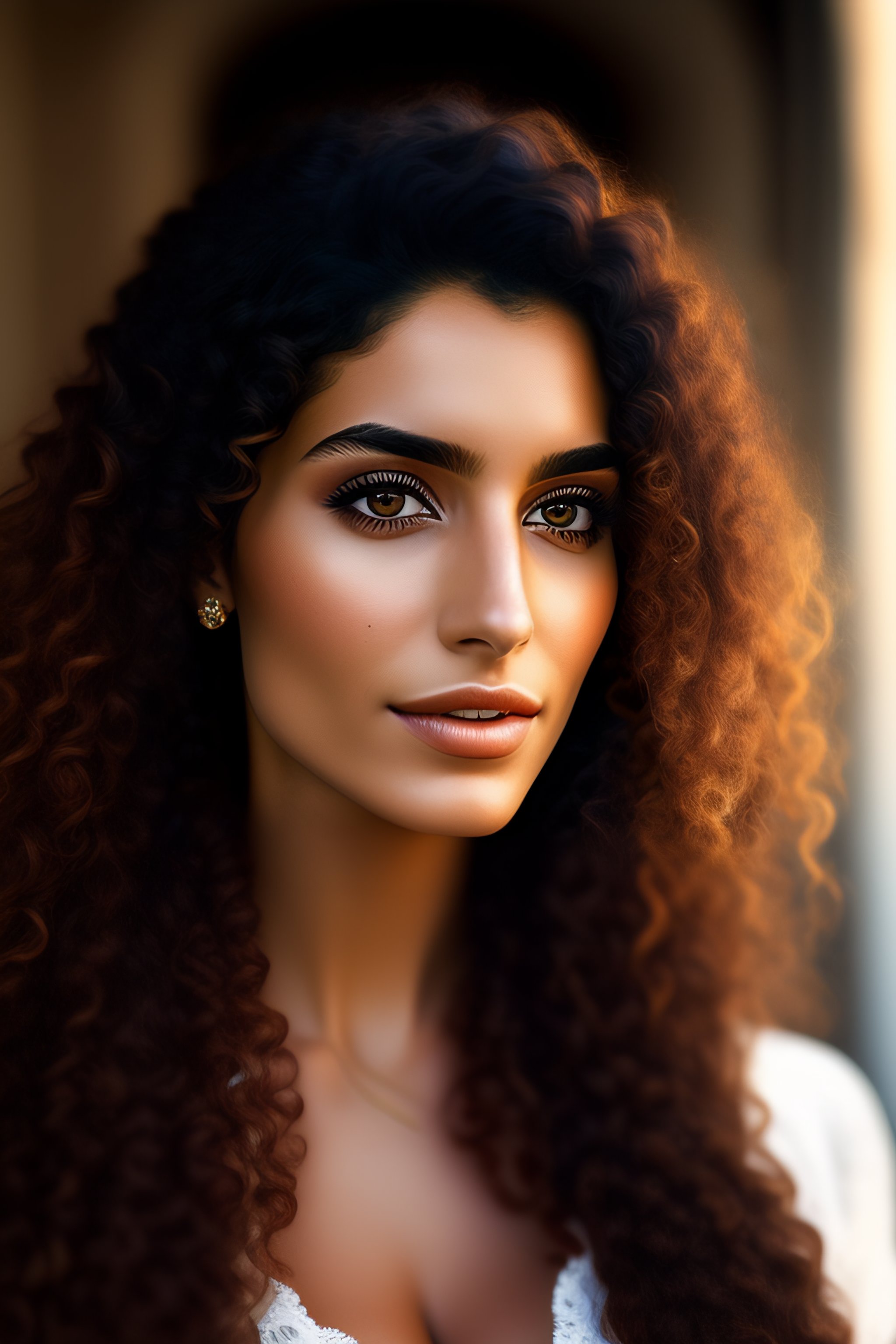 Lexica - Young middle eastern woman , pretty nose , curly hair ...