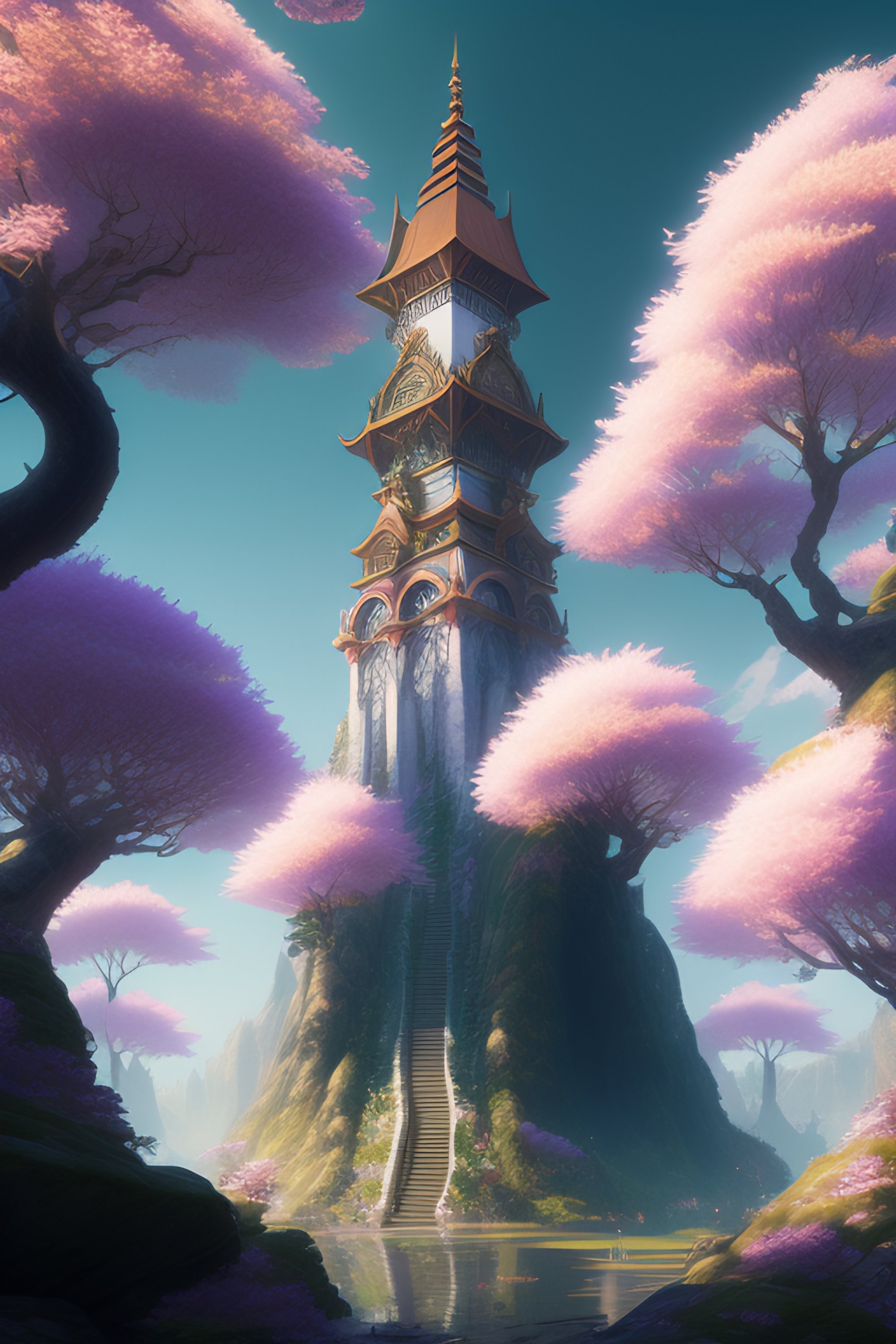 Lexica - Hyperdetailed ancient wizard tower with sakura trees ...