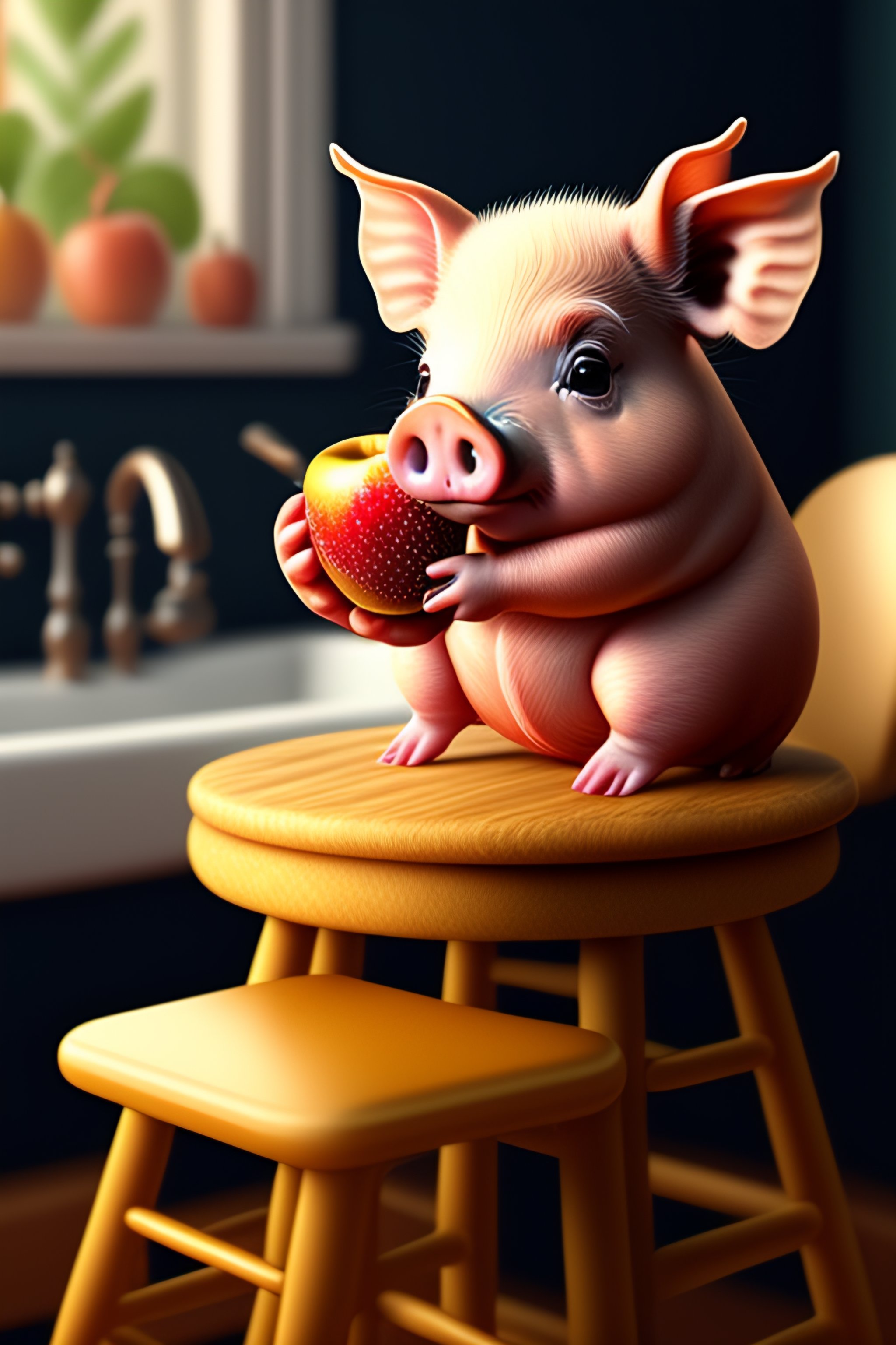 Lexica - Cute little pig eating applesauce while sitting on a stool in ...