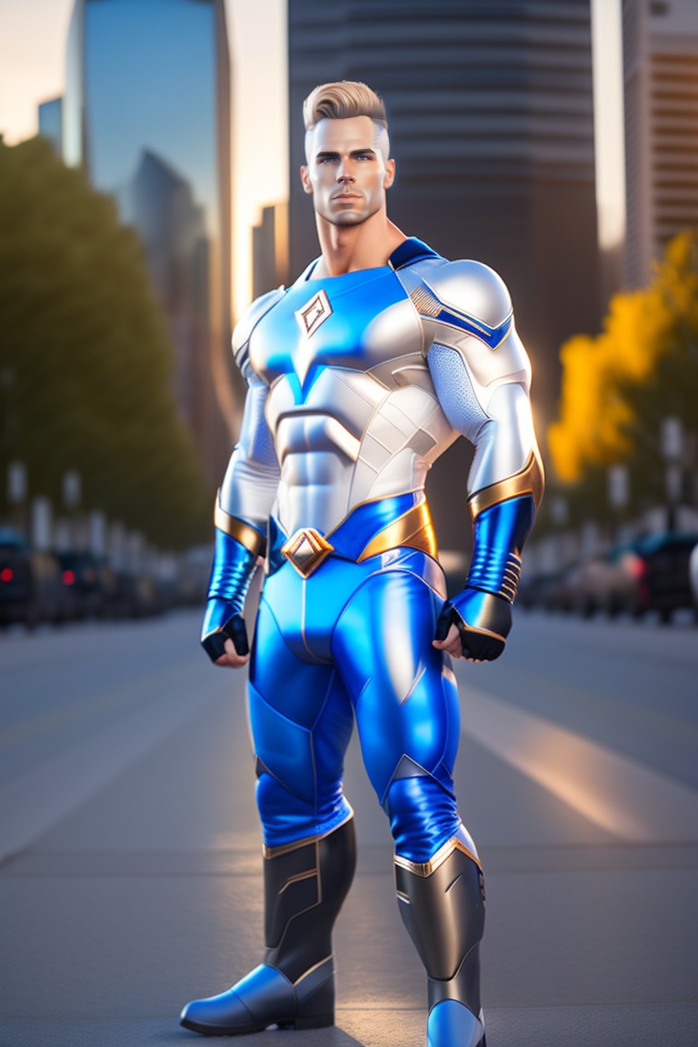 Lexica - Centered, full body body, photo of a handsome super hero, blue ...