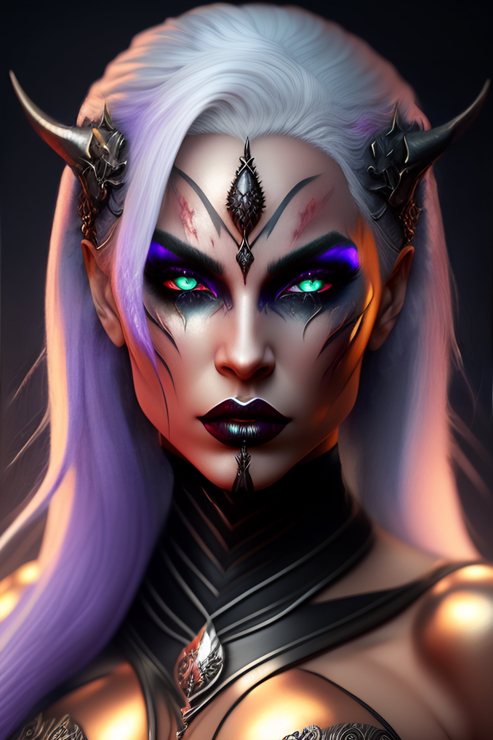 Lexica - A demoness with silver hair and obsidian eyes, scarred face, arcane style