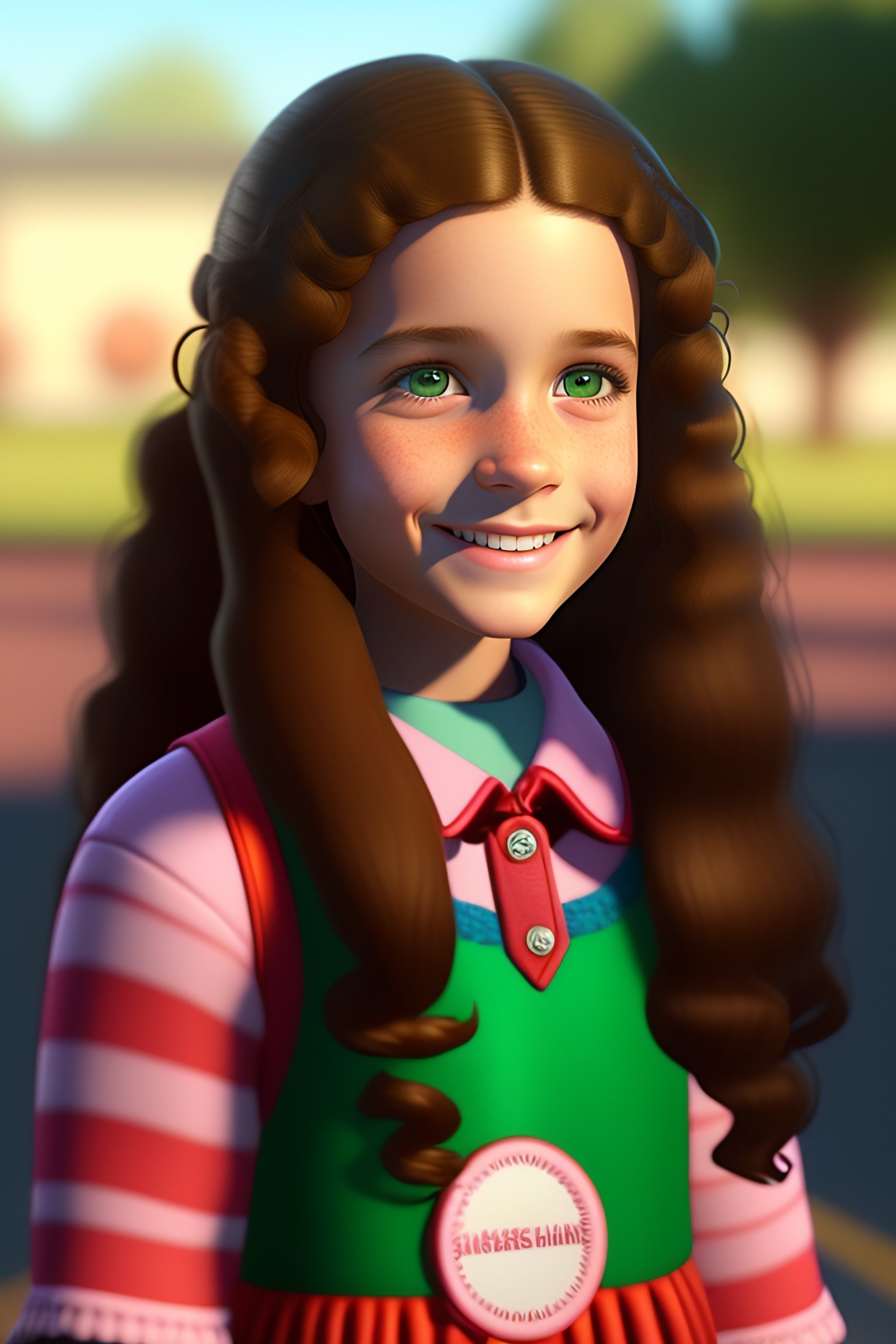 Lexica - Cartoon Emily has long, curly brown hair that she often keeps ...
