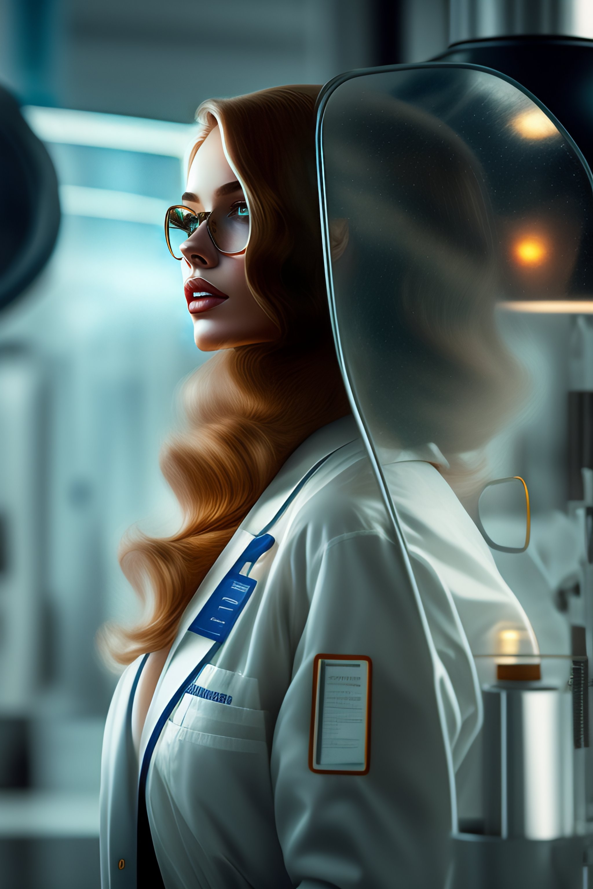 Lexica - Beautiful girl, wearing lab coat and glasses, holding a ...