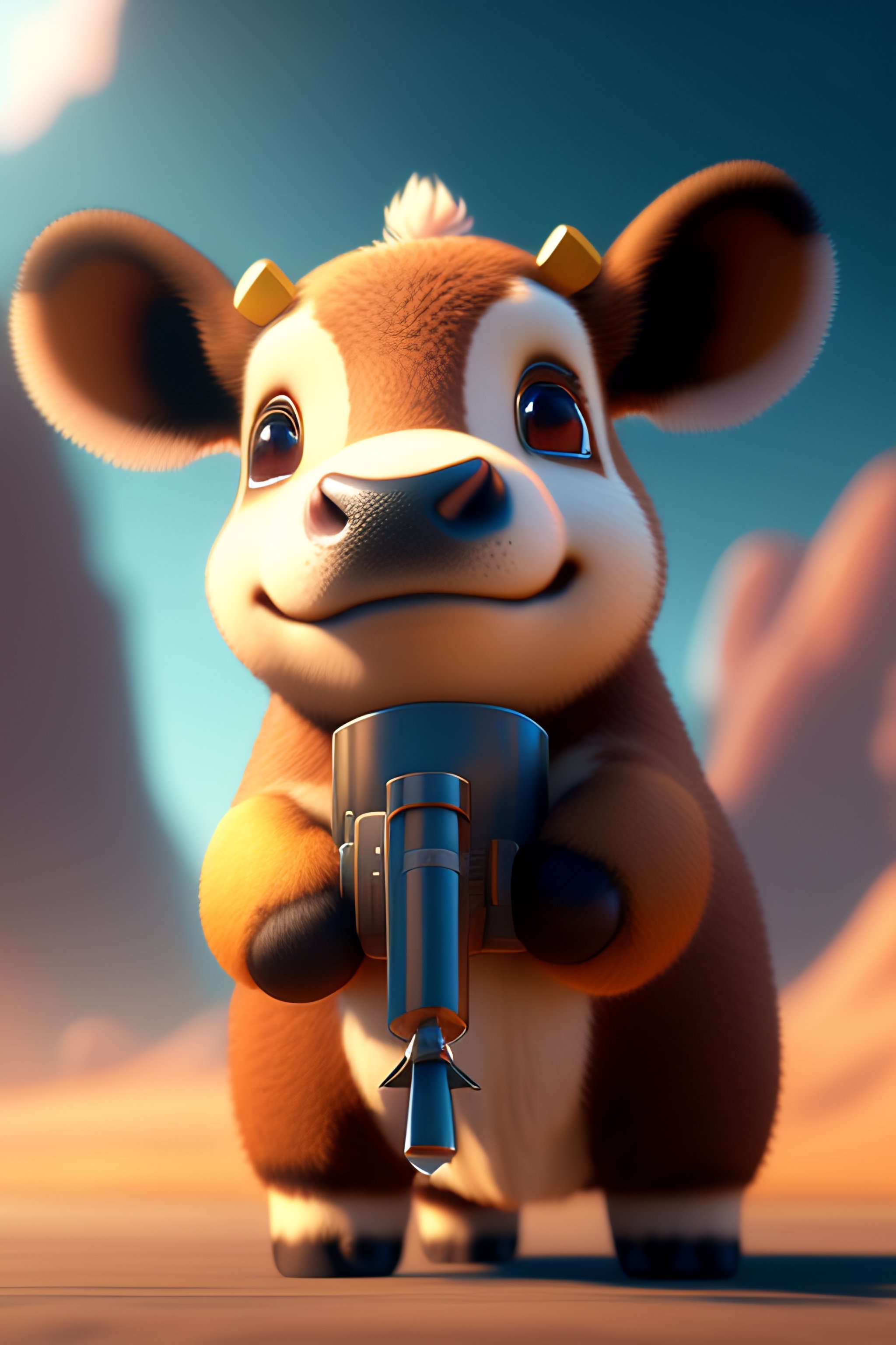 Lexica - Cute adorable little cow smiling, wielding a rocket-launcher ...