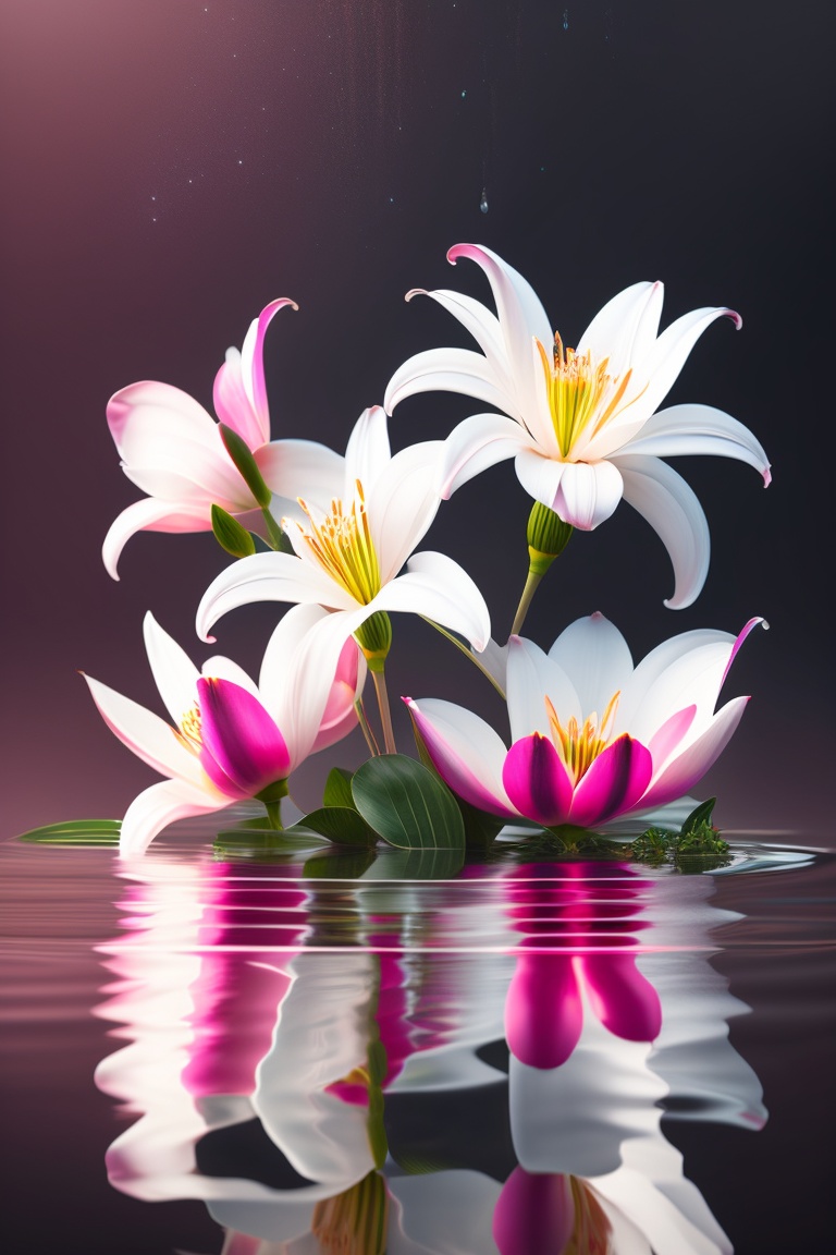 Lexica - Watery pink and white lilies in mirrored dark water are ...