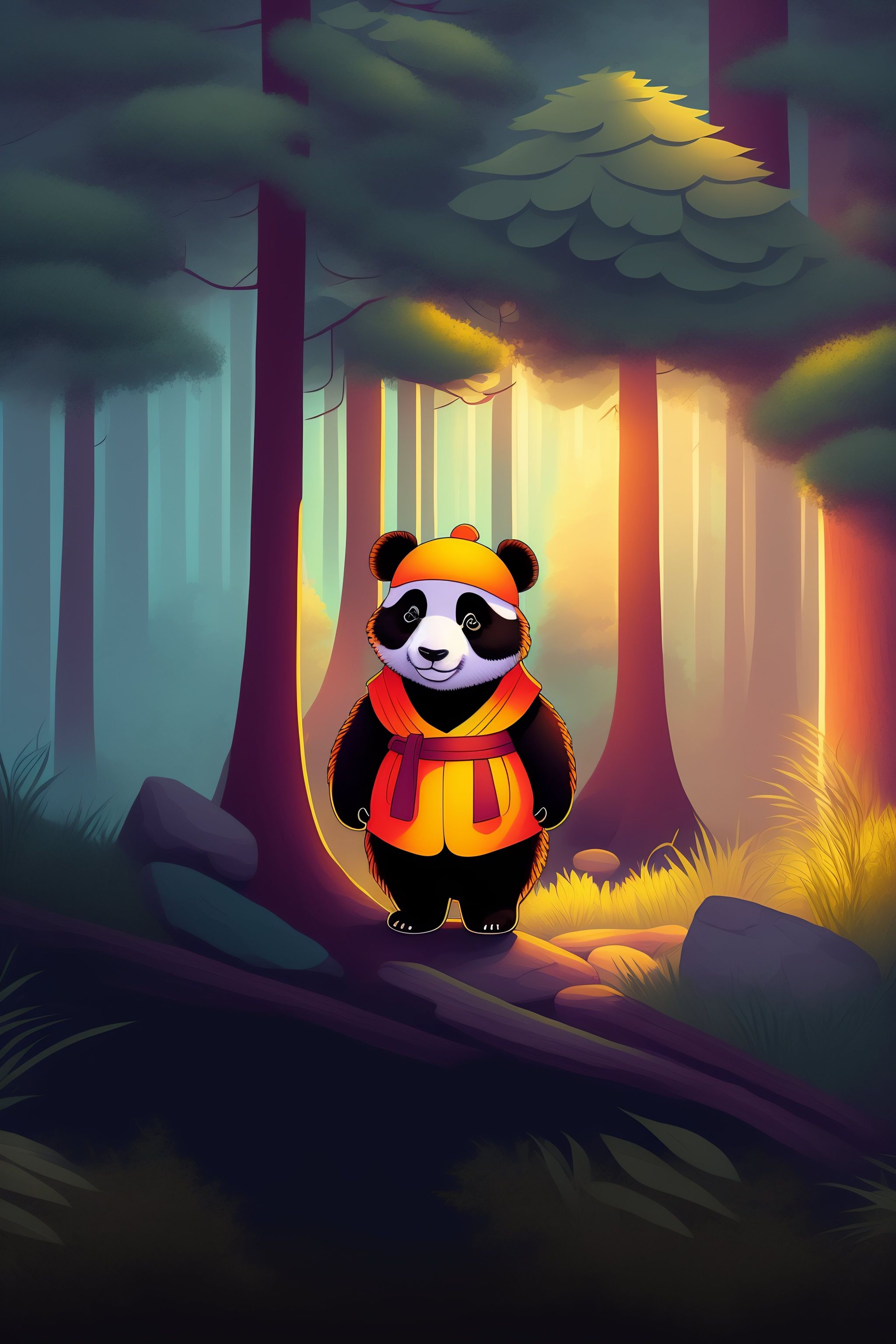 Lexica - A cute panda in the forest dressed like a monk, illustration ...