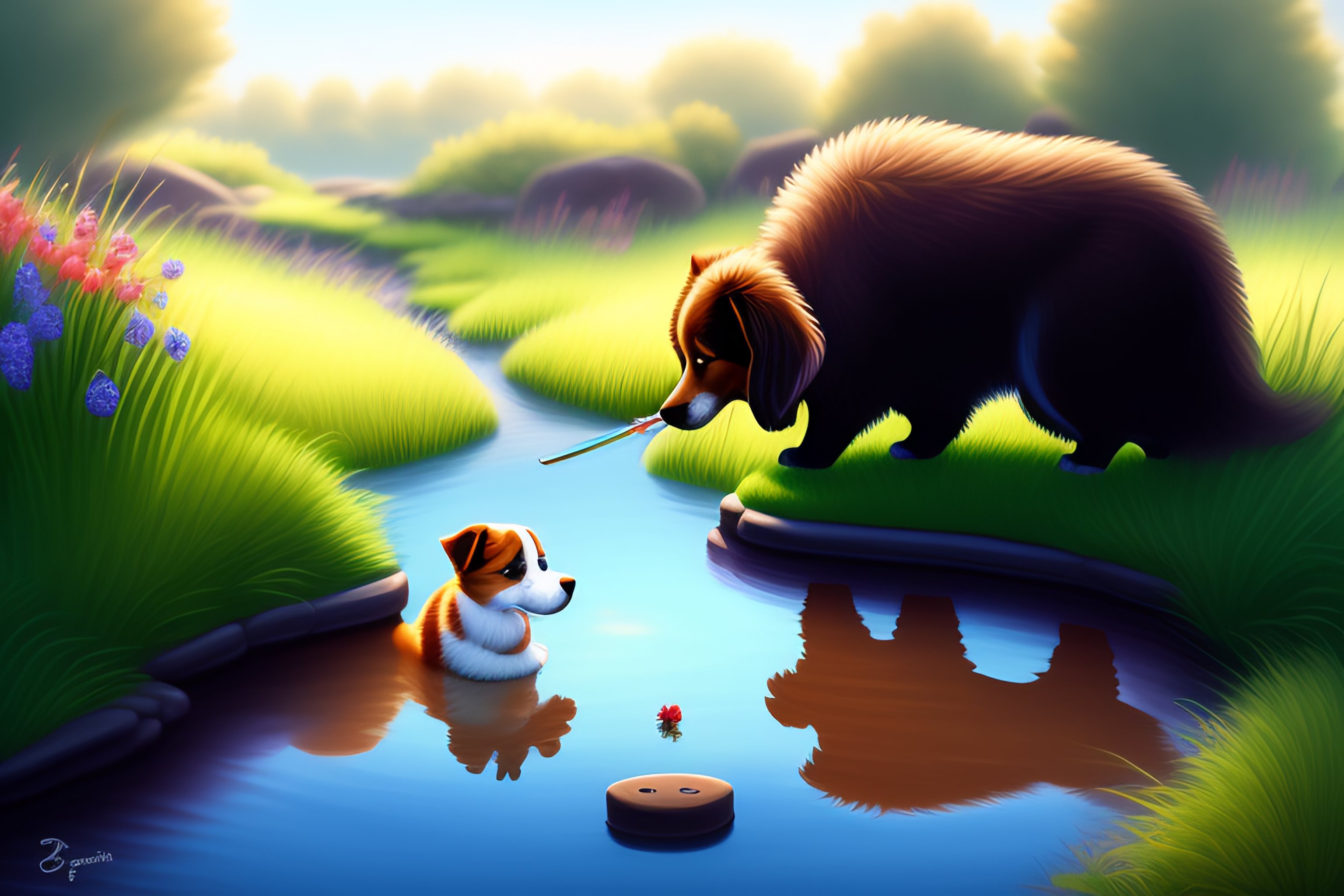 Lexica - A cartoon picture of a baby DOG drinking from a pond, a child ...