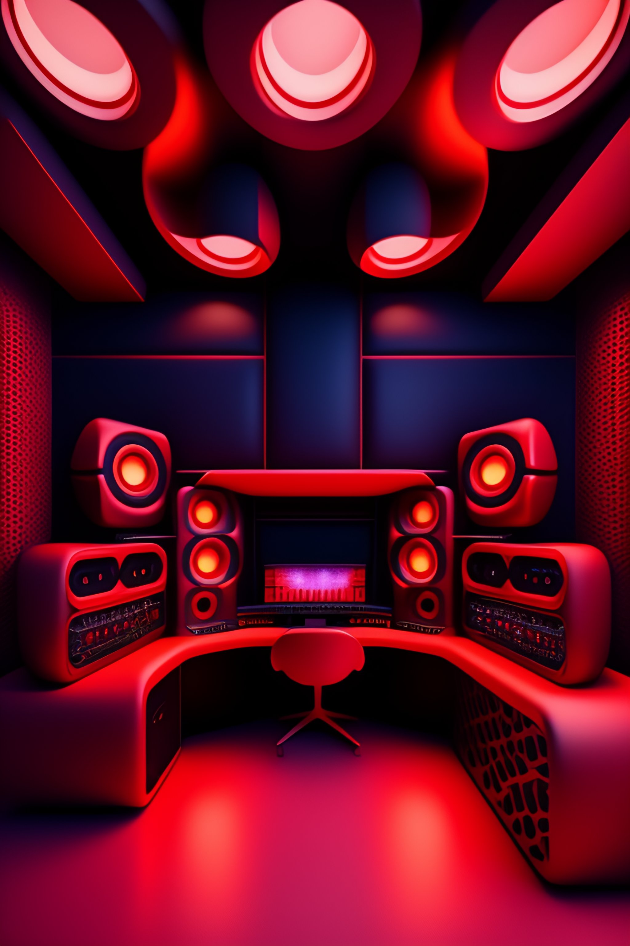 Lexica - Futuristic cyberpunk homey cozy recording studio, dark red ...