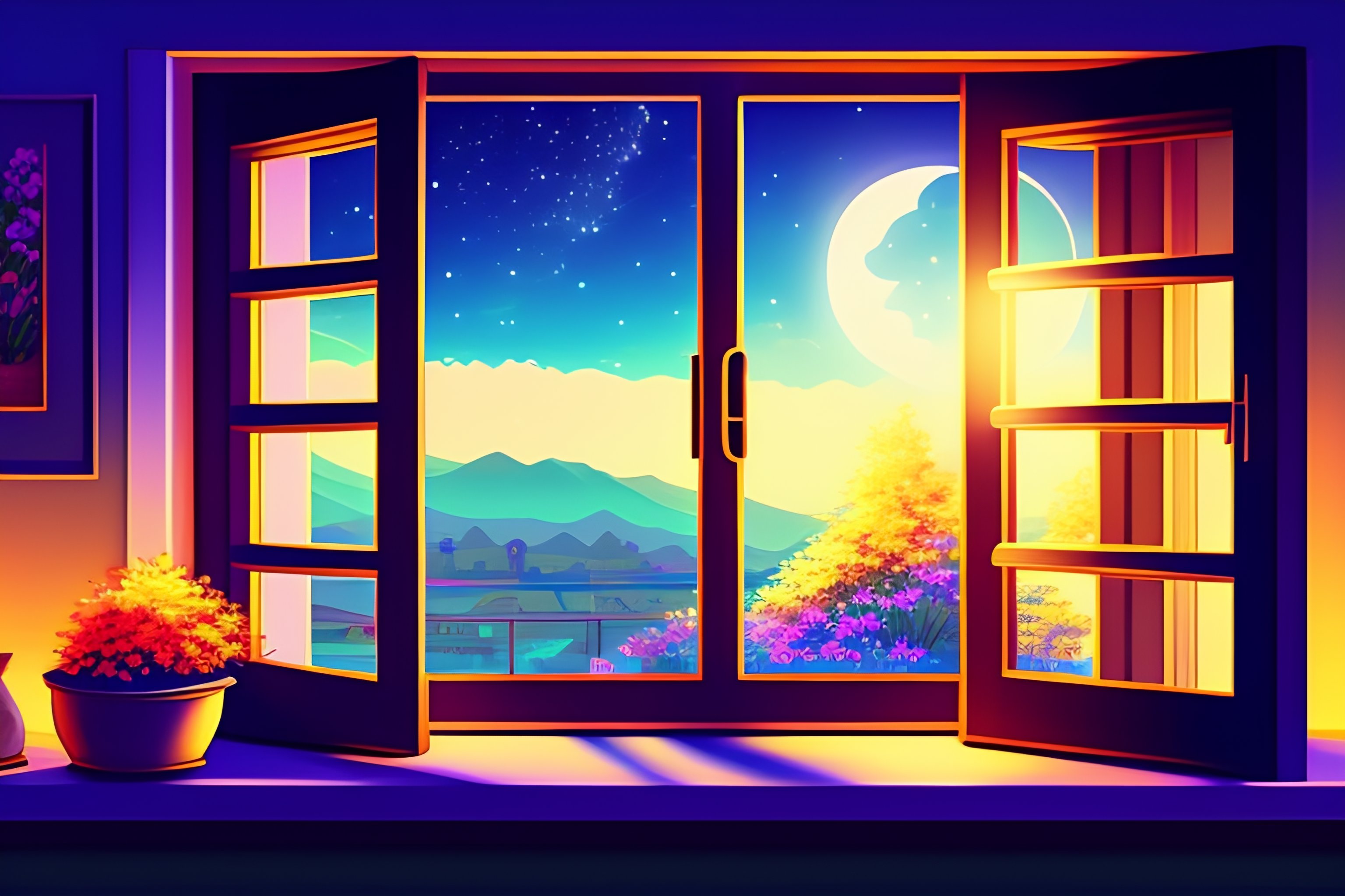 Lexica - A digital art of Lo-fi view frim window spring at night on ...