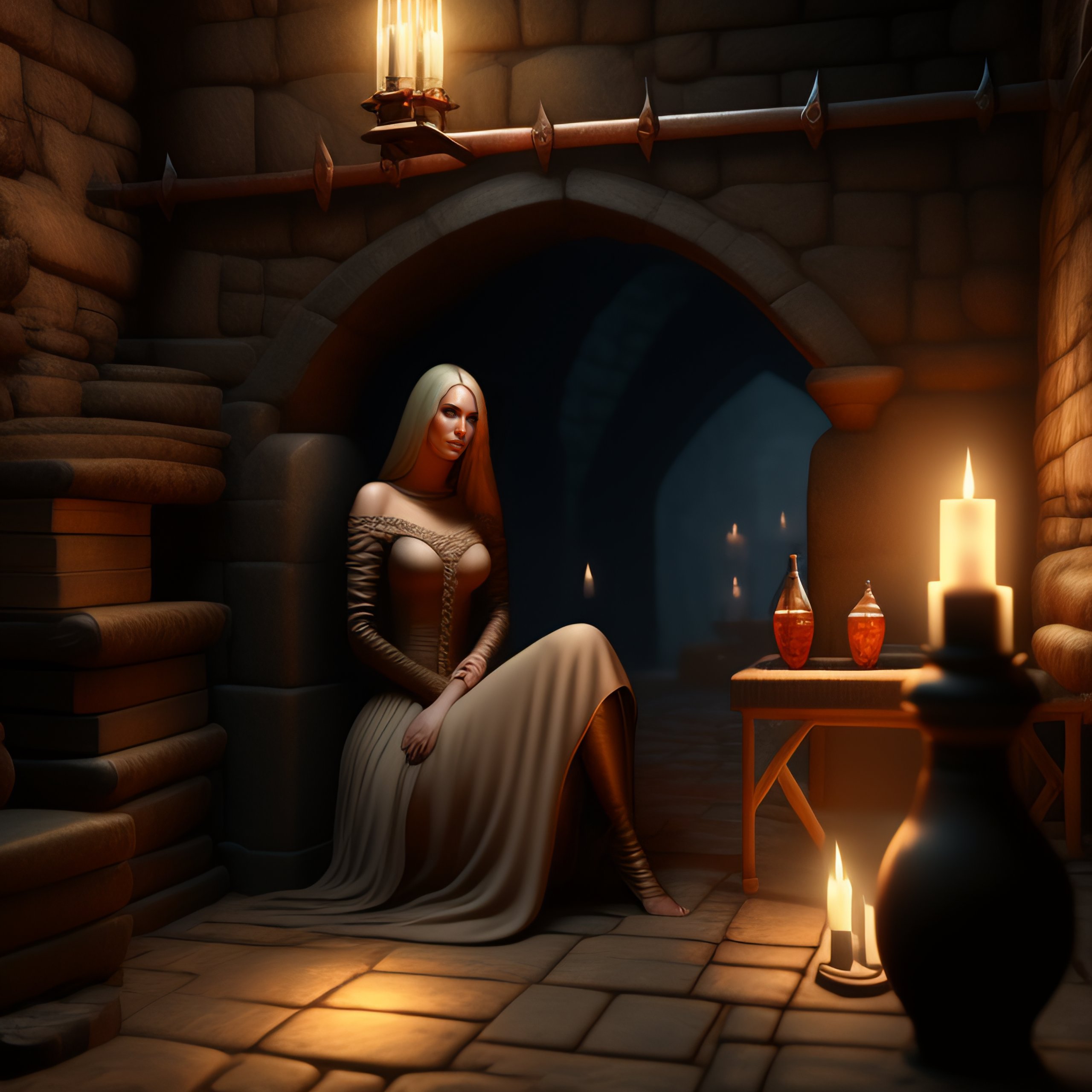 Lexica - Dungeon, metal bars, blonde Christina Hendricks sitting in ...