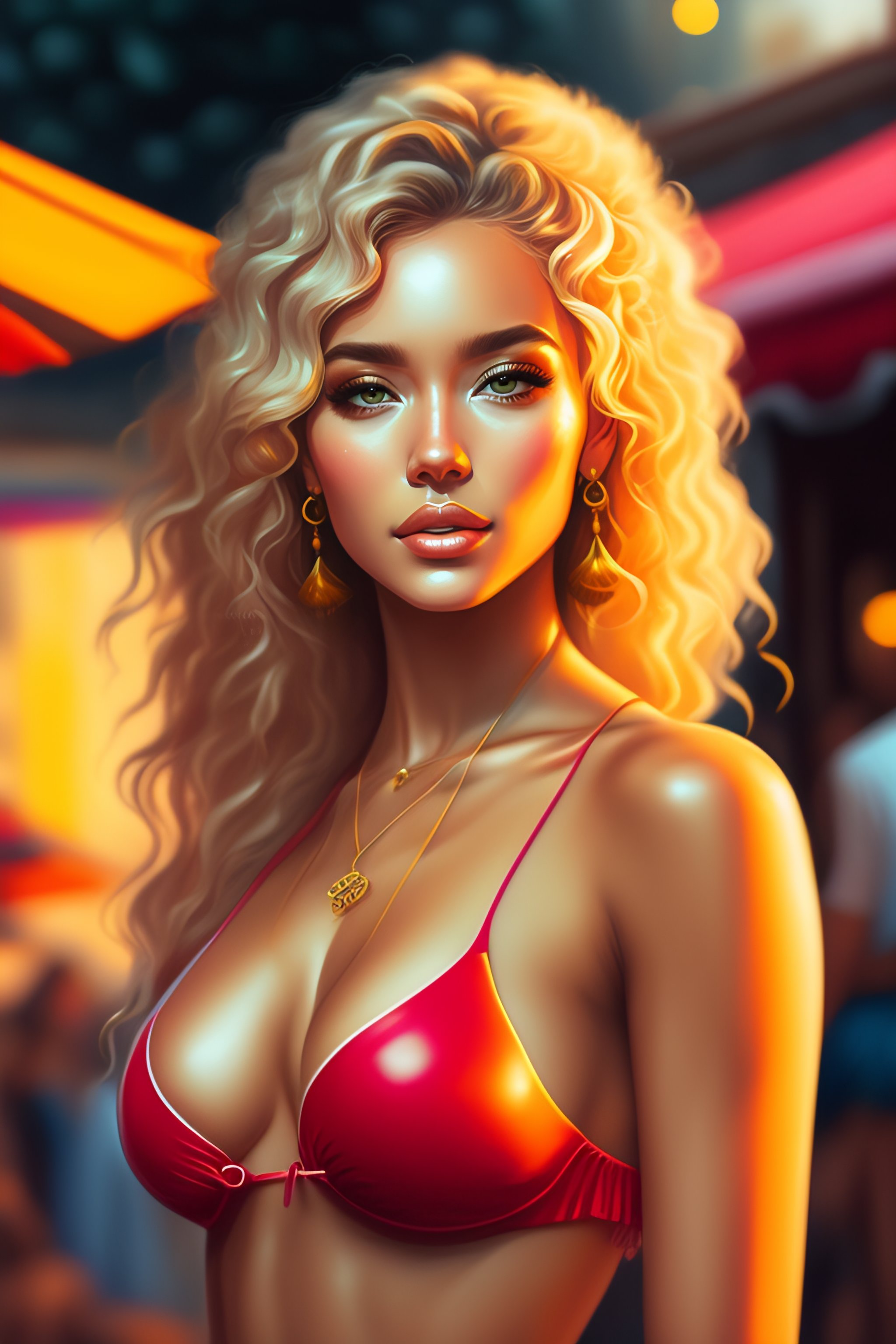 Lexica - Elegant brazilian twin woman blonde curly hair wearing bikini in favela do brazil, cute ...