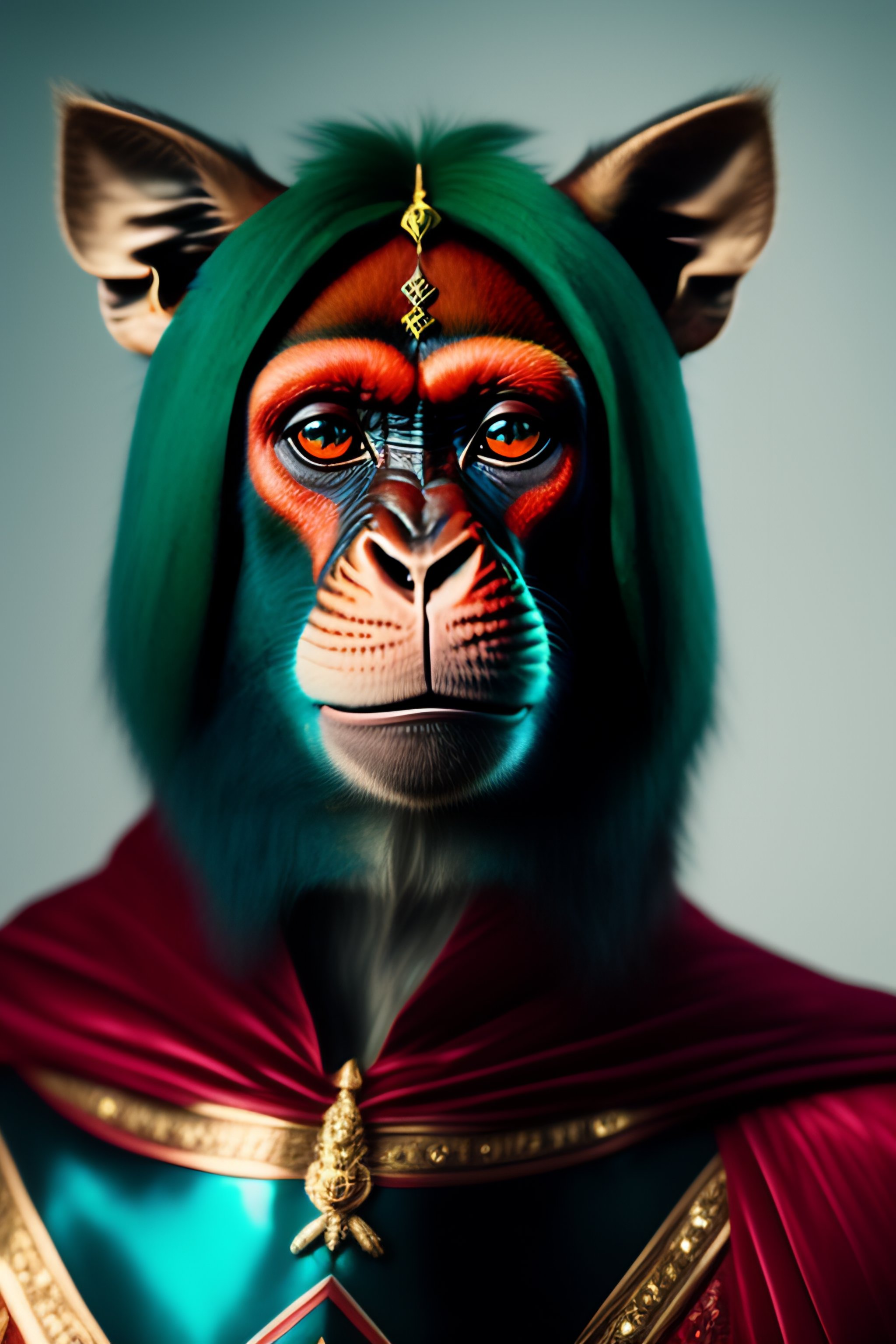 Lexica - A portrait photo of a red skin monkey with cat ears, turquoise ...