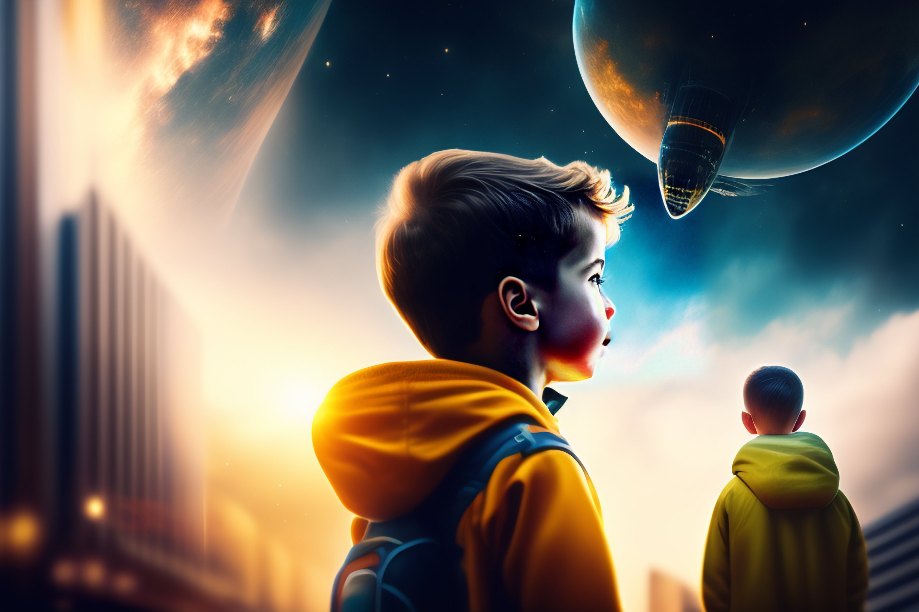 Lexica - DESING A MOVIE POSTER WITH ALIENS FALLING FROM SKY AND A BOY ...