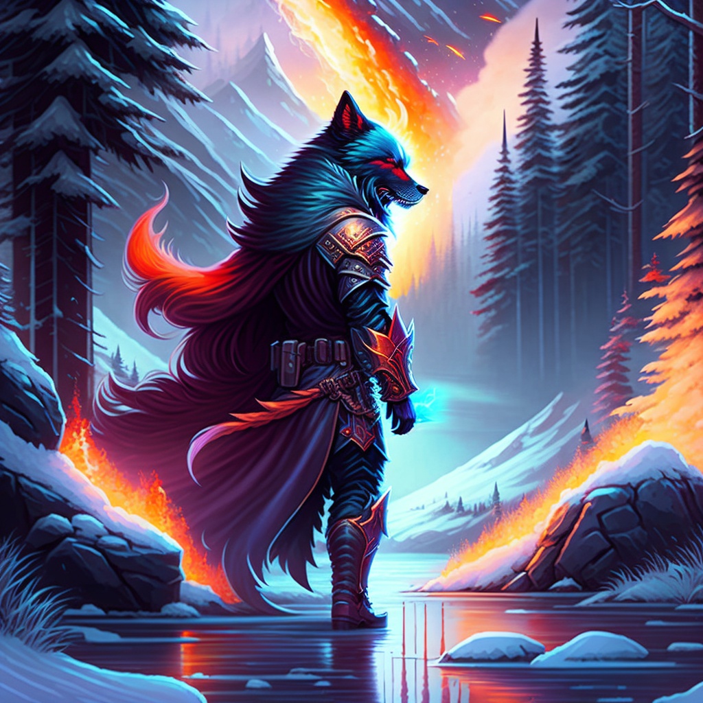 Lexica - Grim reaper, burning Wolf, icey hell, Dan Mumford style art