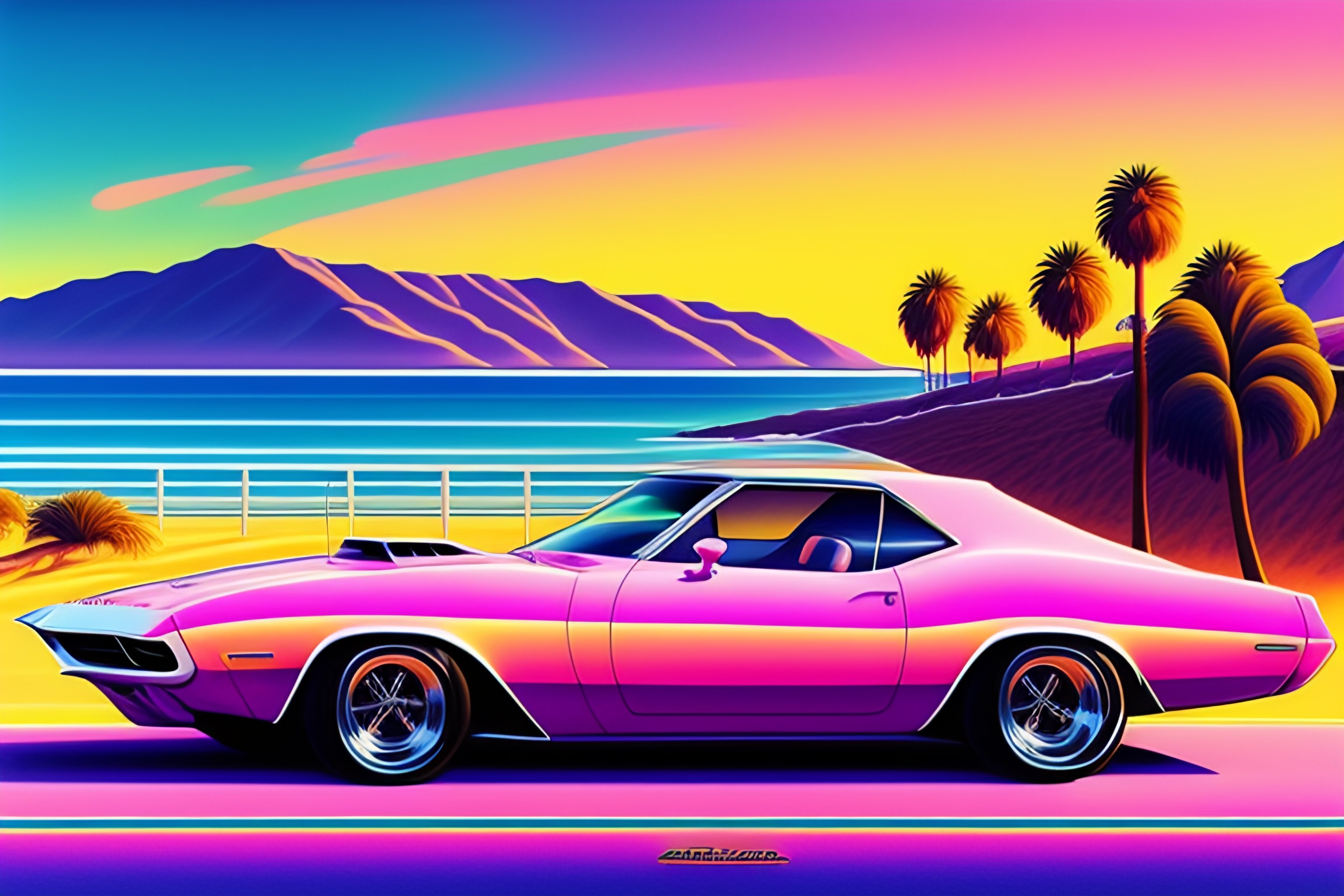 Lexica - Muscle car, drawn by Hiroshi Nagai, california coast, palm ...