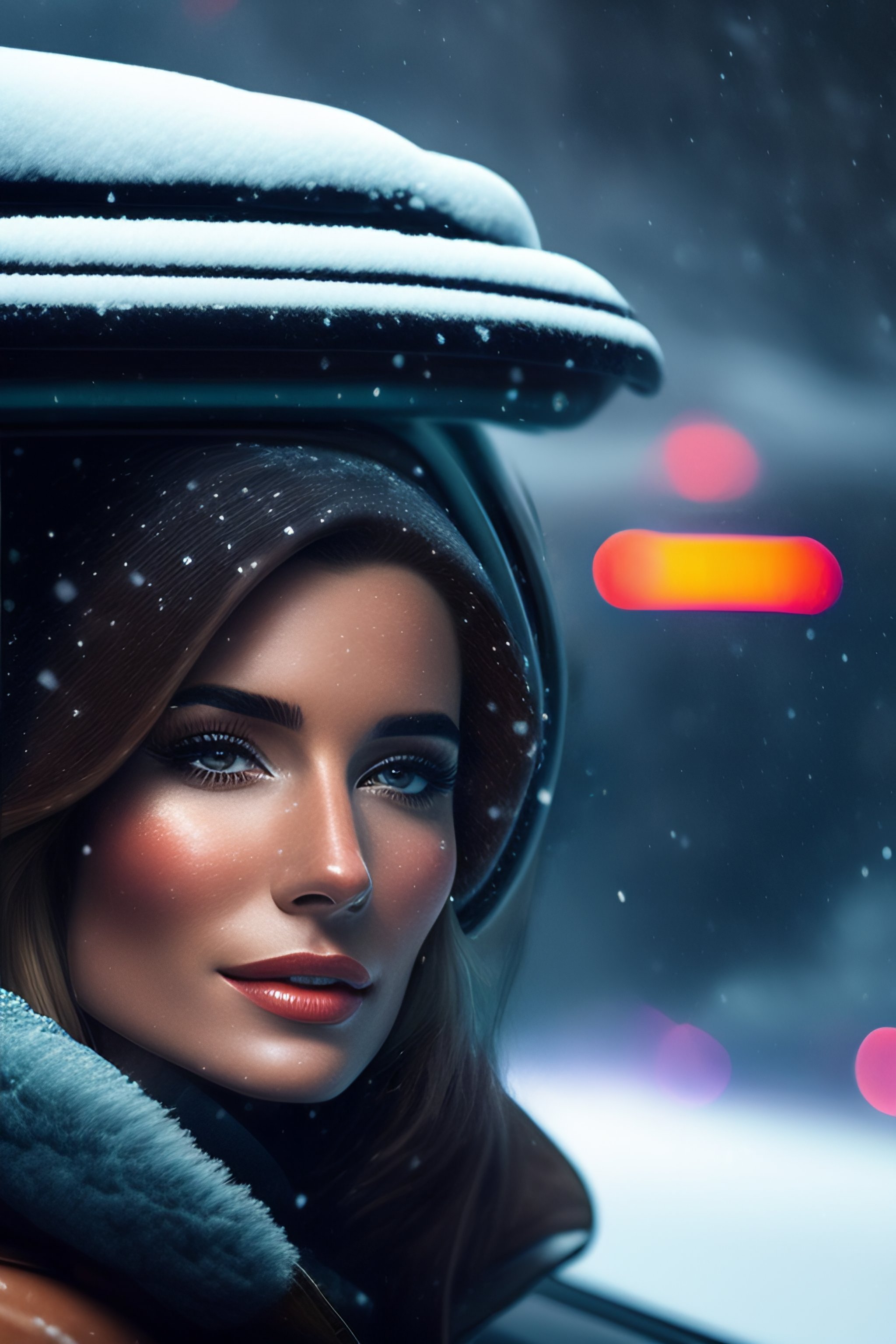 Lexica - Beautiful girl, next to the driver, rush along the freeway, through the snow, at night