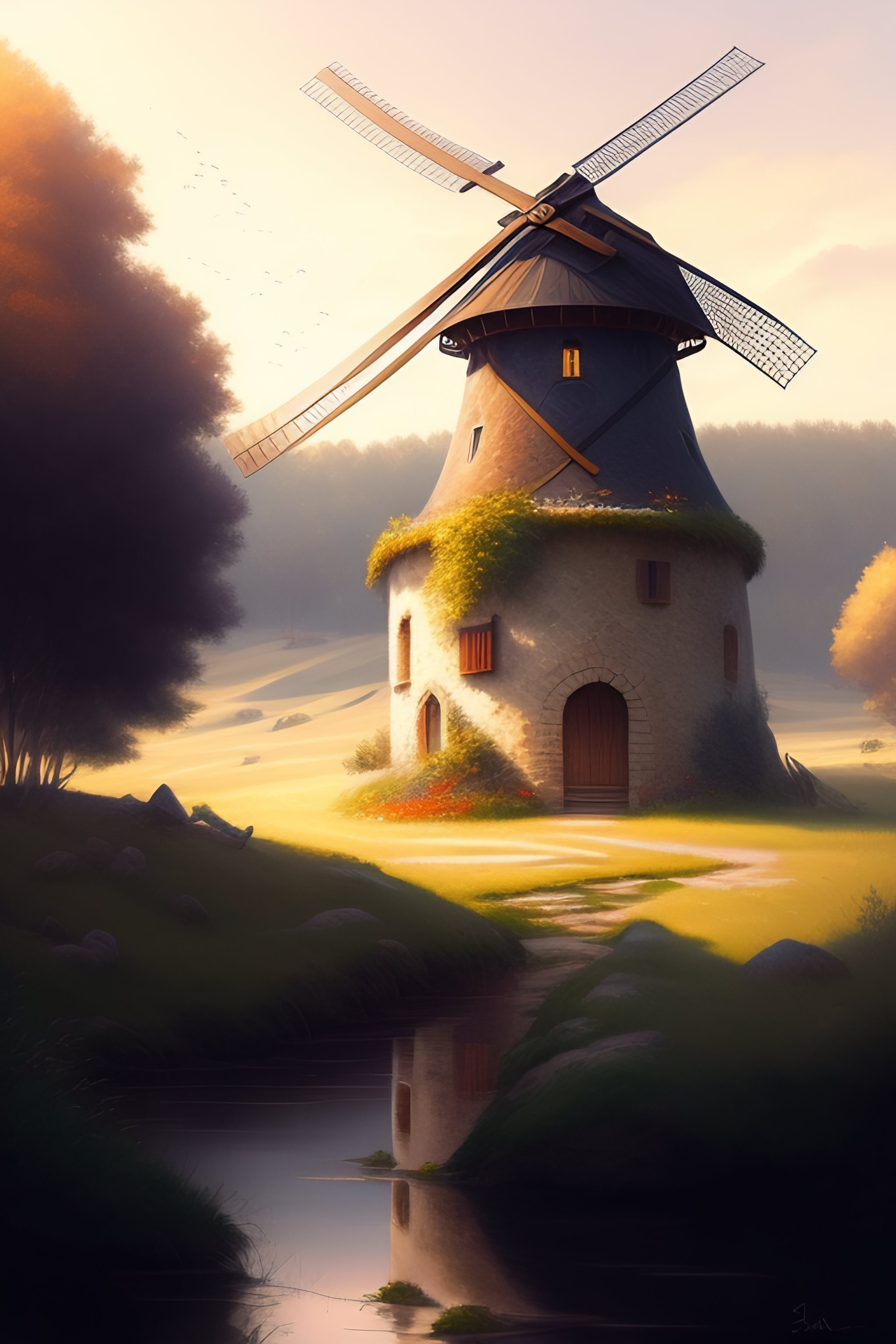 Lexica - Windmill, very long shot, medieval french landscape, by ...
