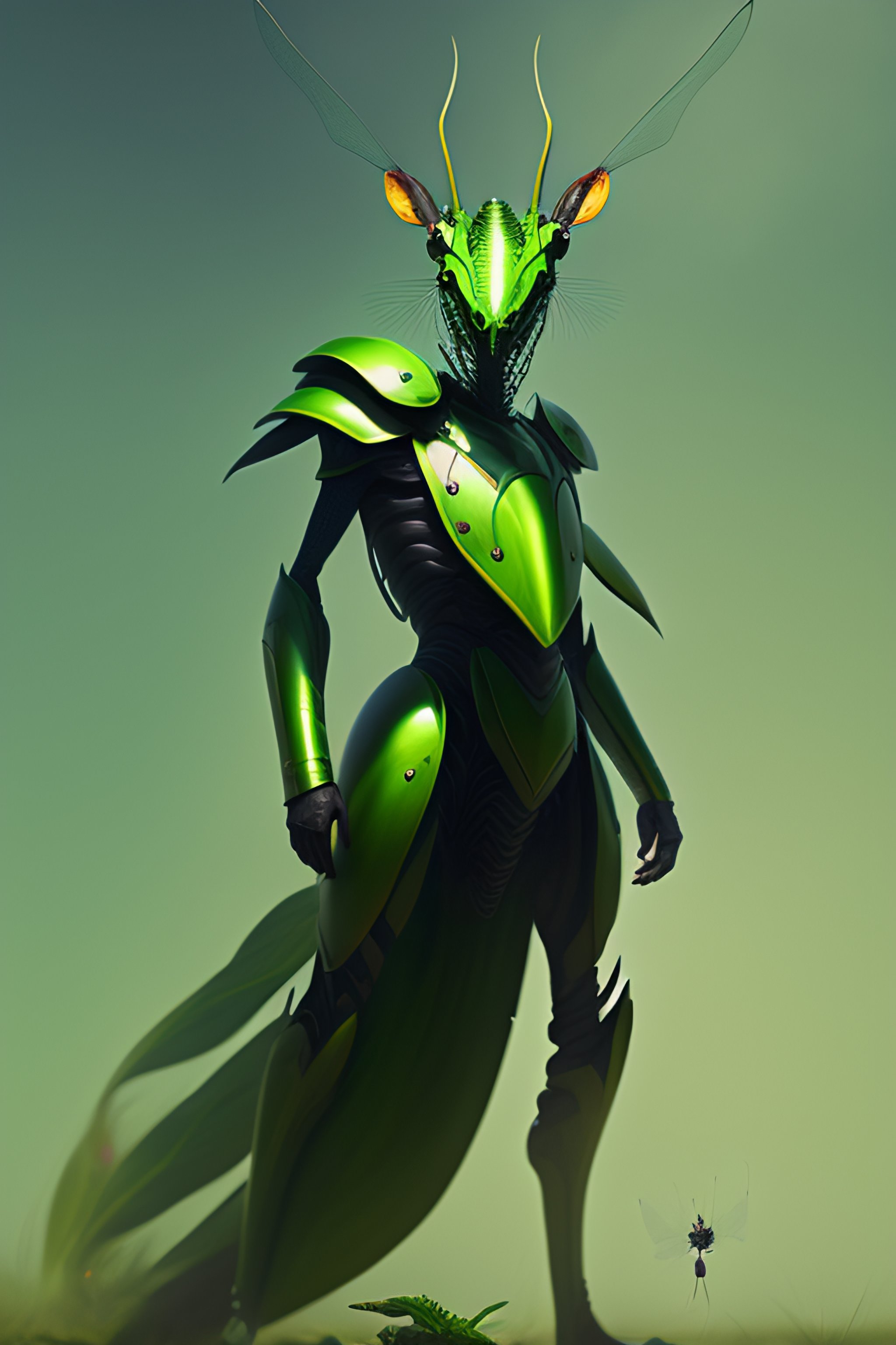Lexica - Full body shot a of green man - mantis ; head with antennae ...