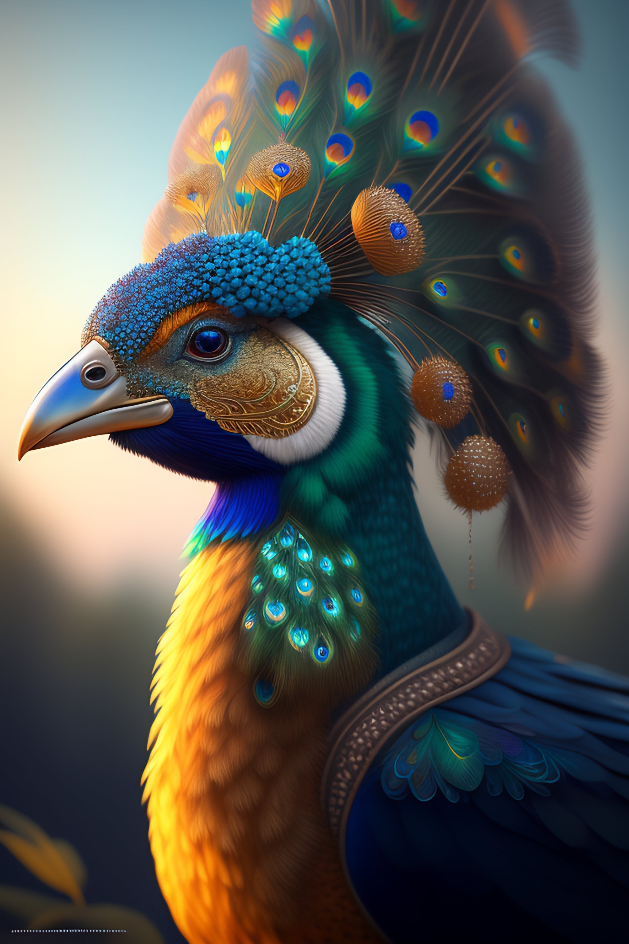 Lexica - A very cute anthropomorphic majestic peacock with shimmering ...