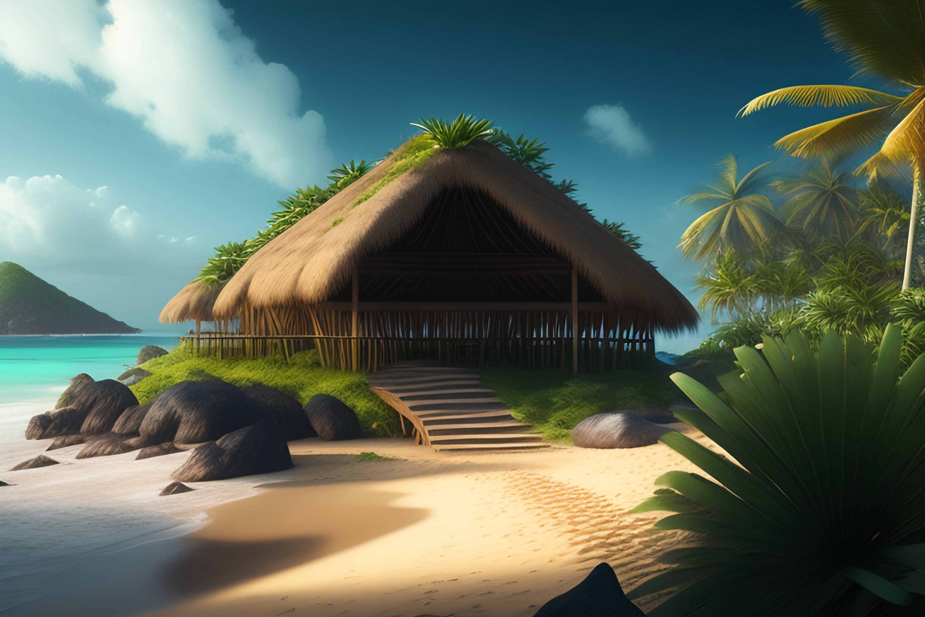 Lexica - Giant hut bamboo on tropical island beach yucca giant shells ...