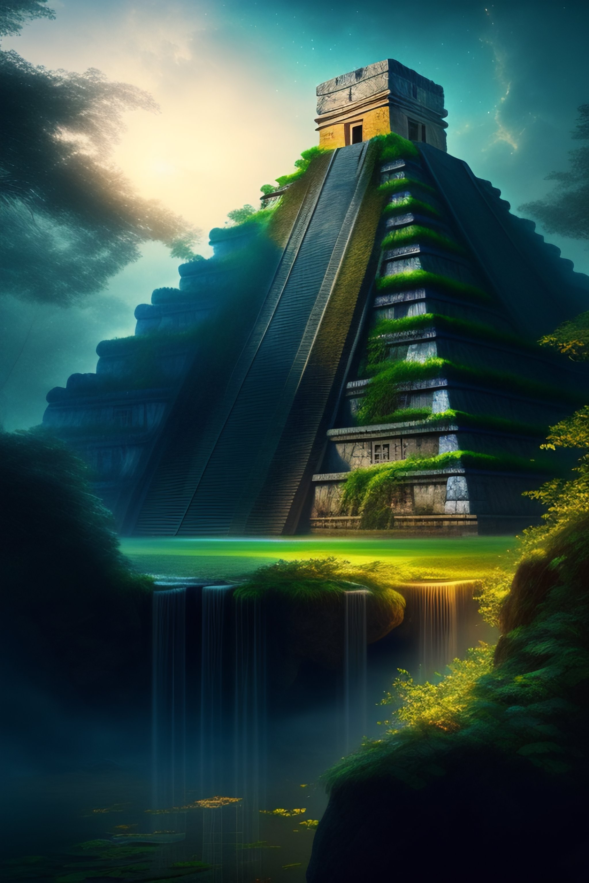 Lexica - Mayan city pramid night ivy foliage abandoned luminiscense ...