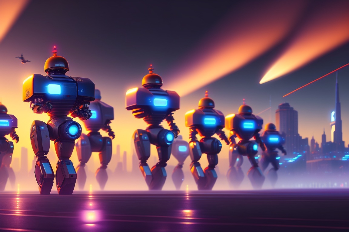 Lexica - An army of 8 robots having humanoid form walking. the ...