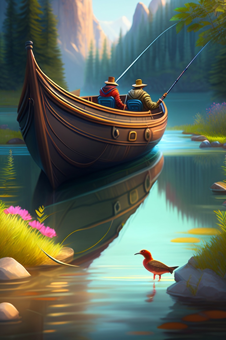 Lexica - 2 friends with fishing rods in a boat fishing in a hidden ...