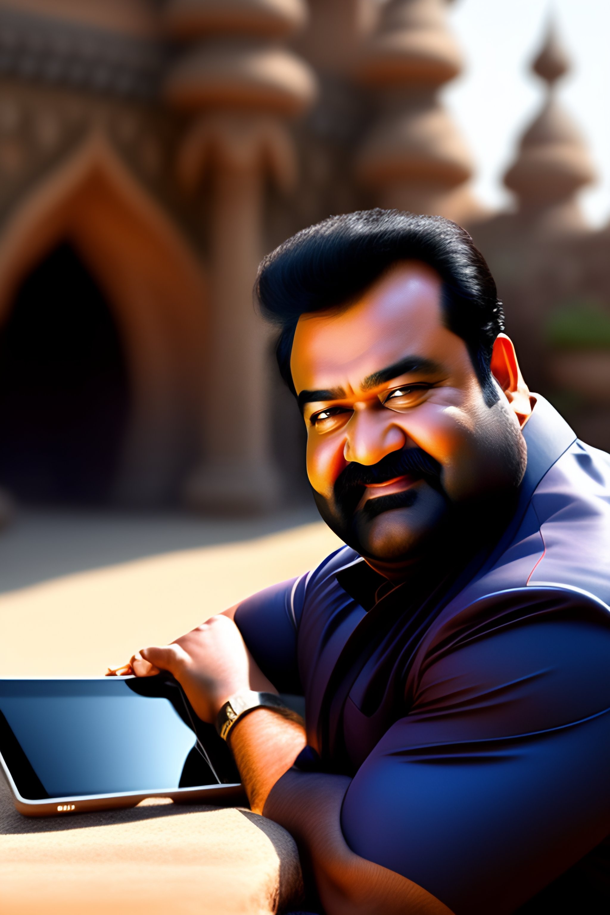 Lexica - Realistic picture of Indian actor Mohanlal working on a tablet ...