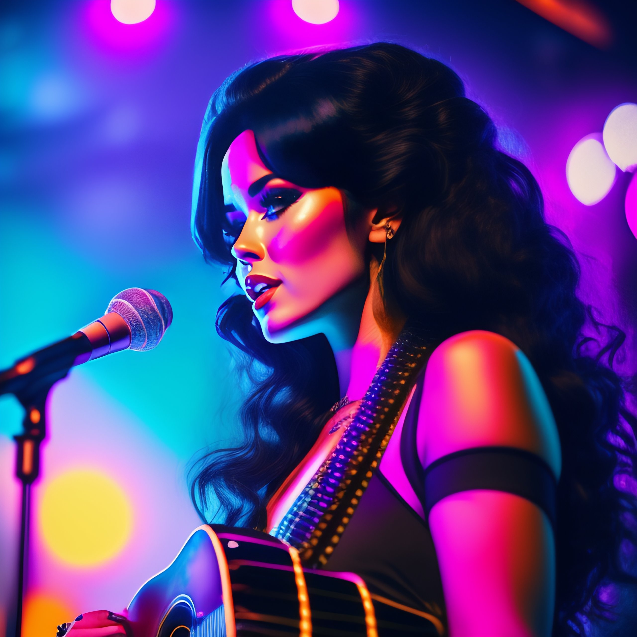 Lexica - A beautiful dark-haired woman sings with her guitar behing a ...