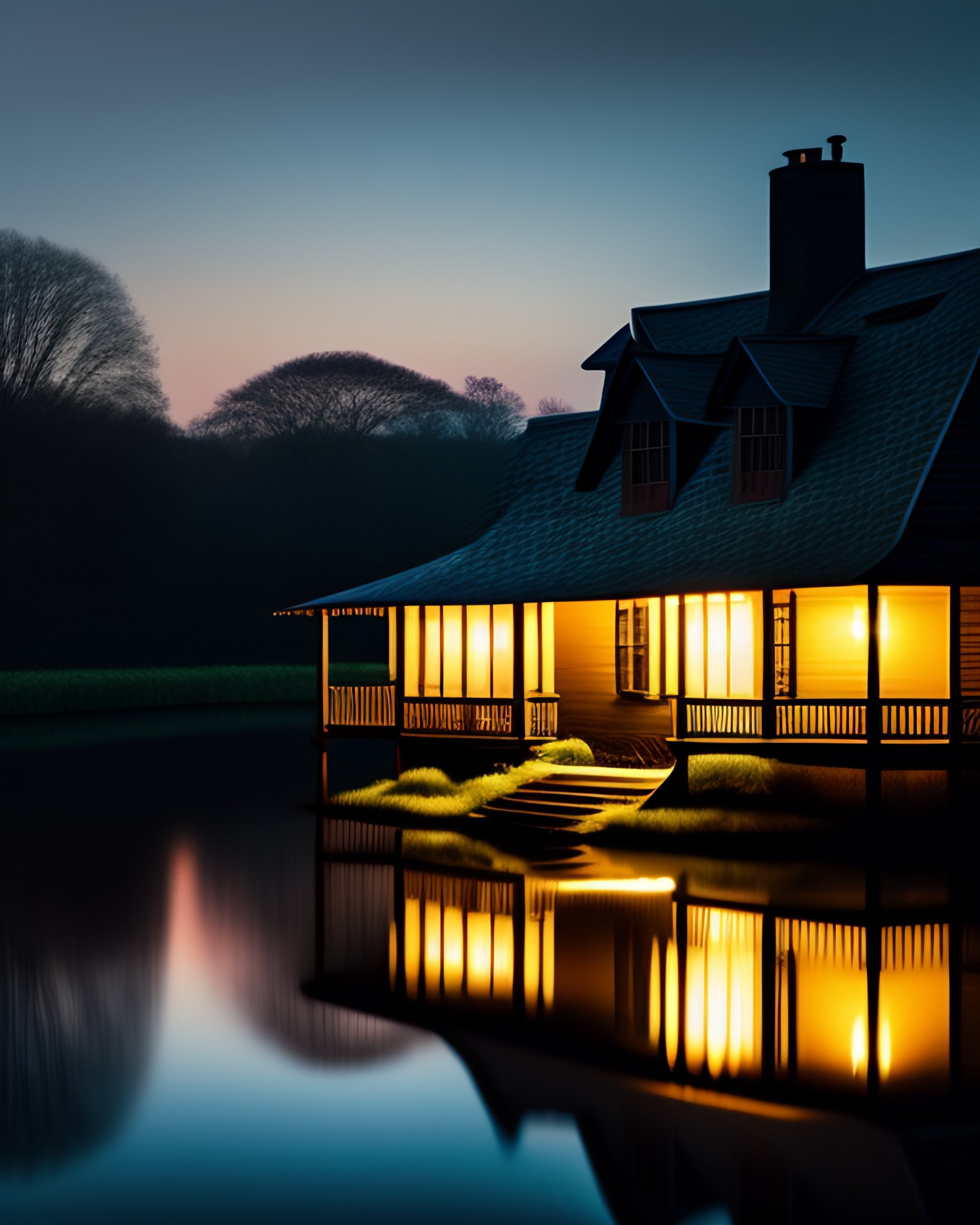 Lexica - Night river & a dimly lit house