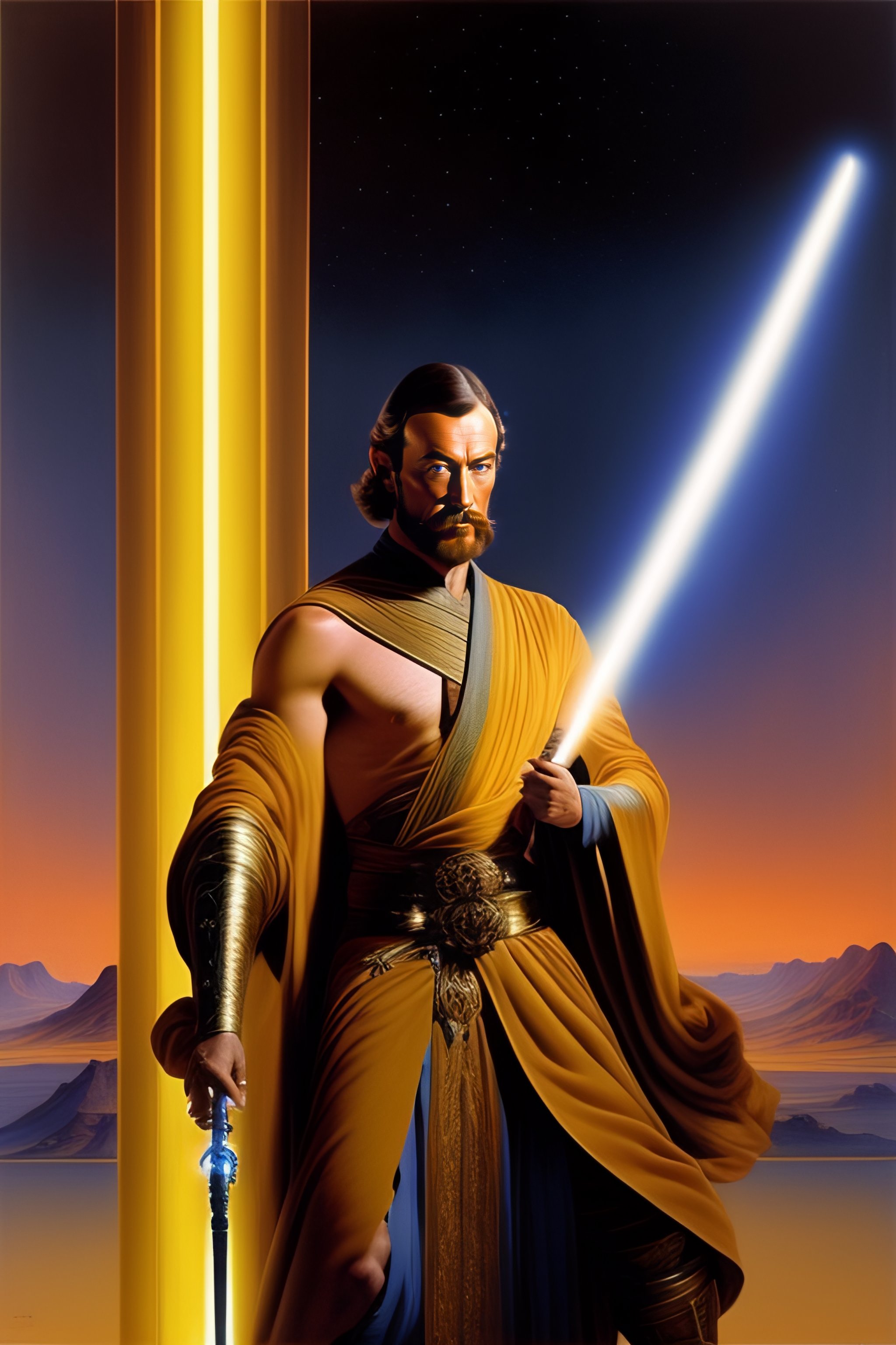 Lexica - Bi-wan kenobi with endless lighsaber drawn by salvador dali