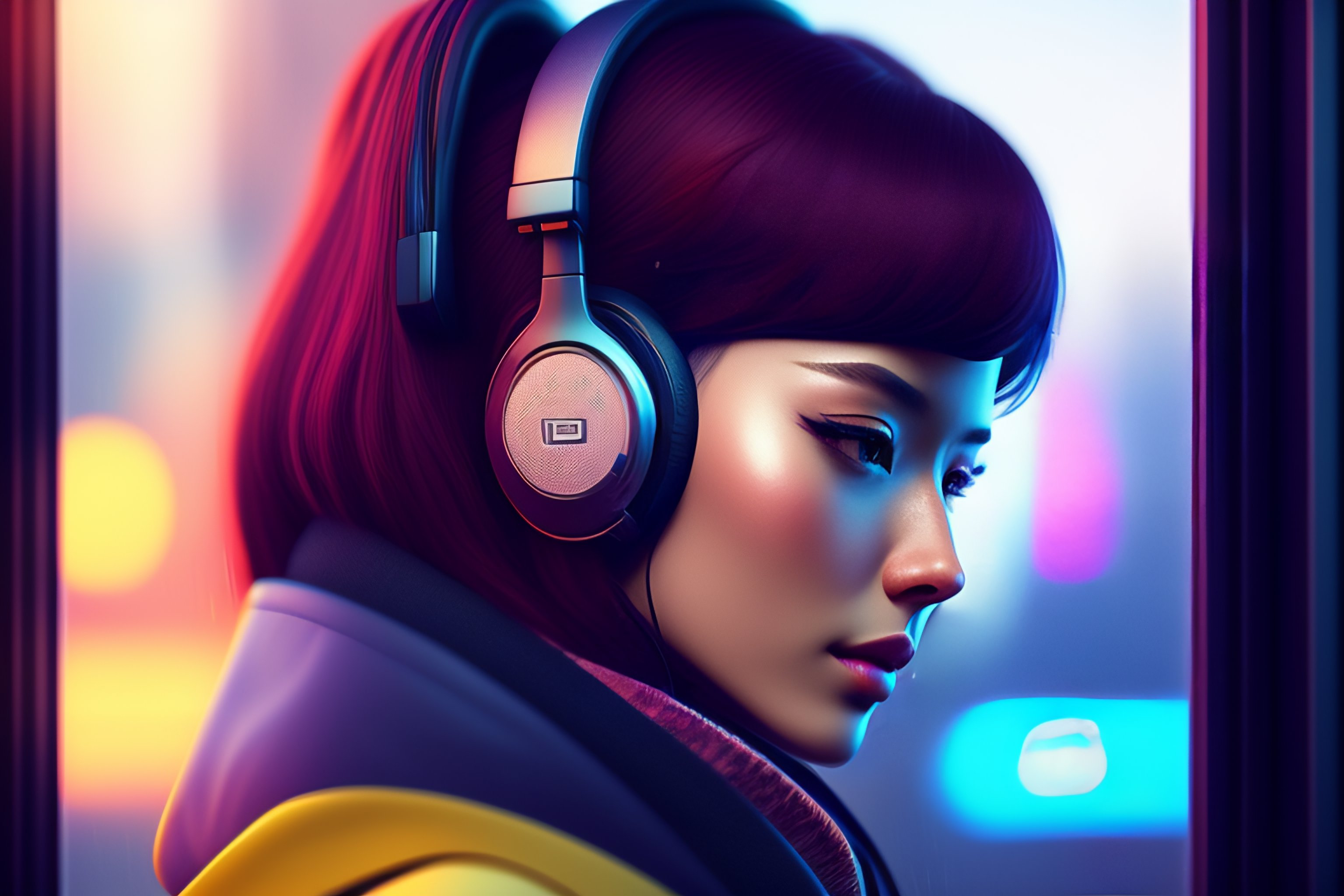 Lexica - A lofi girl with headphones is looking at a rainy window in ...