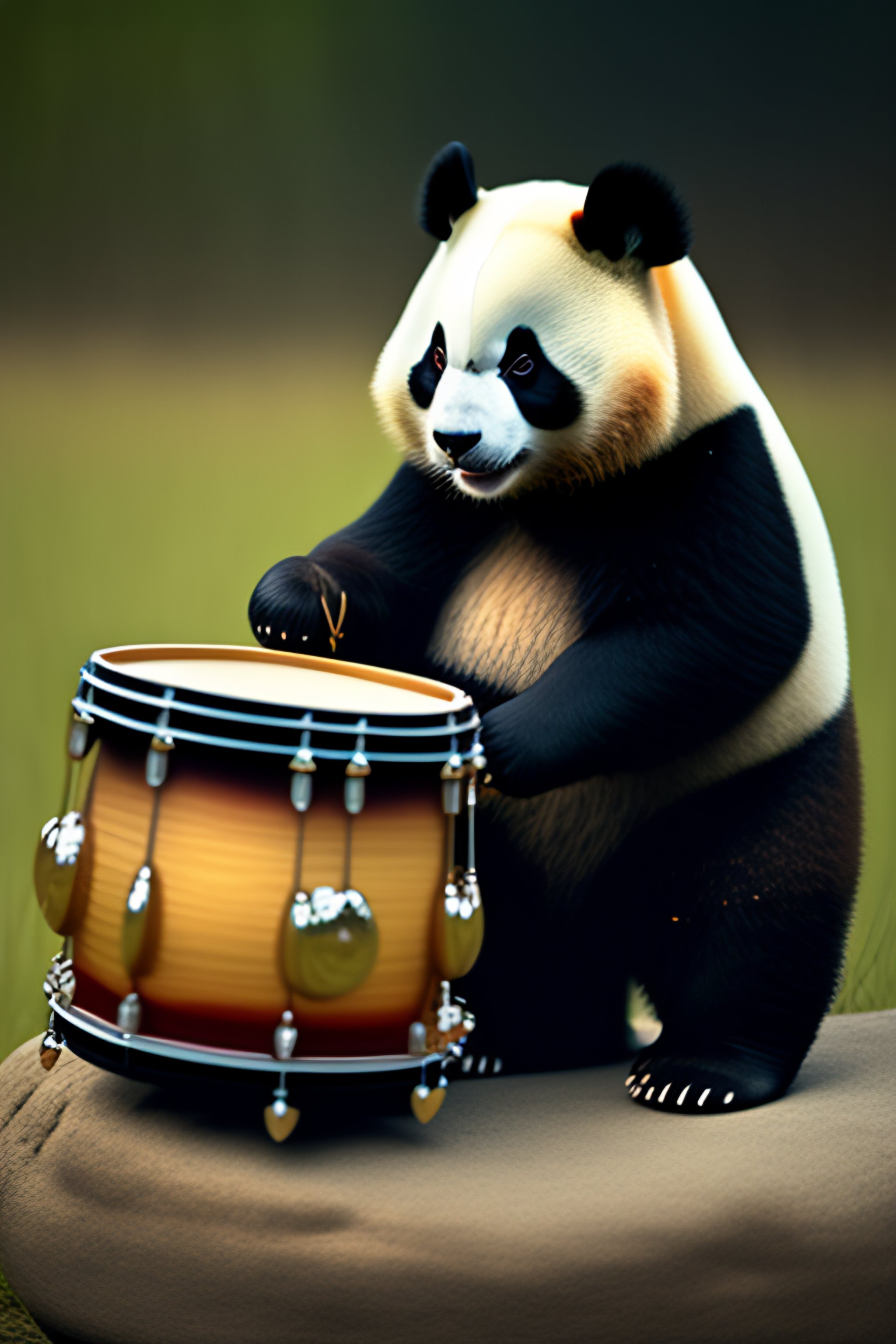 Lexica - Portrait of a panda playing the drums on a ranch