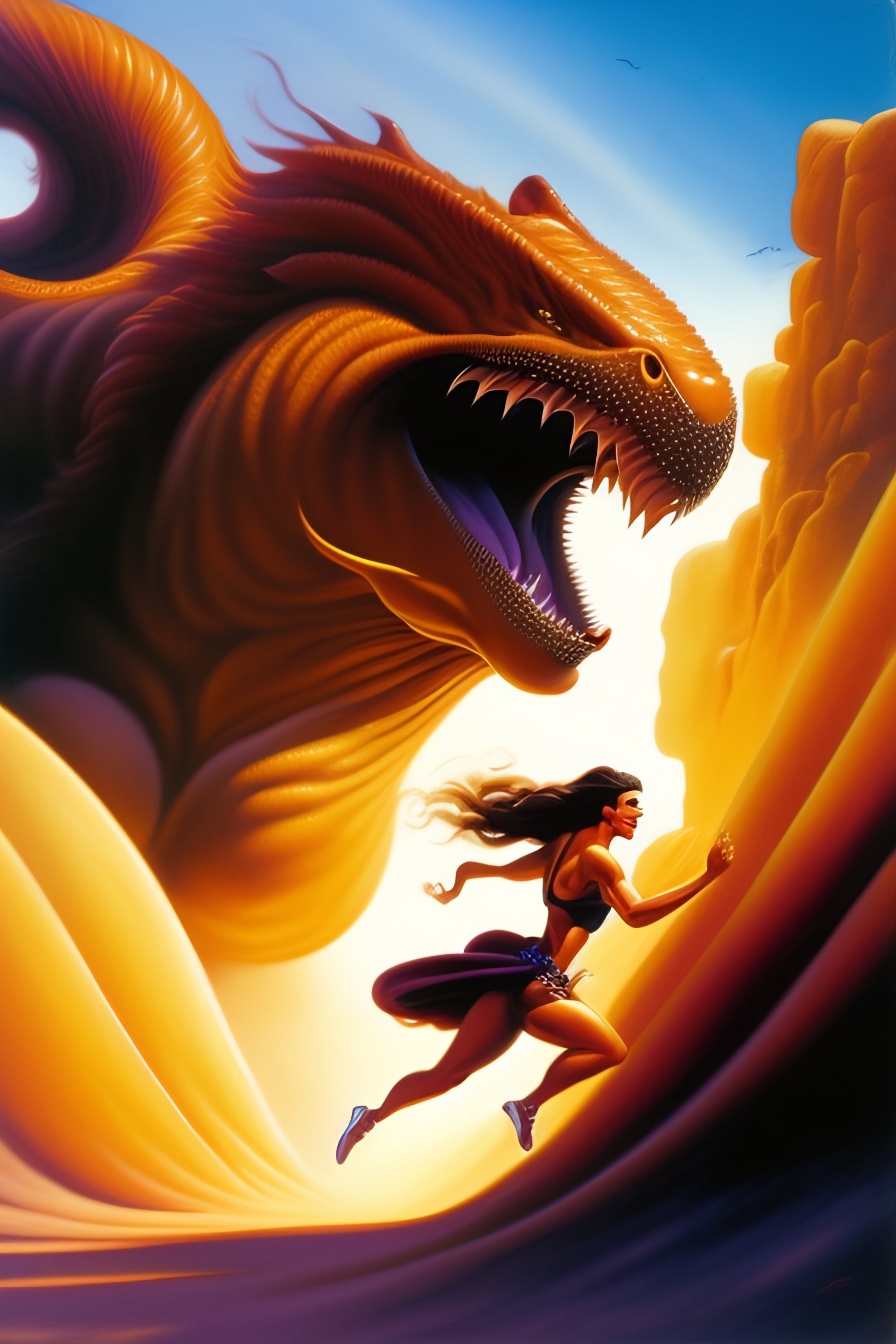 Lexica - A woman runs from a giant gnashing monster, by Boris Vallejo