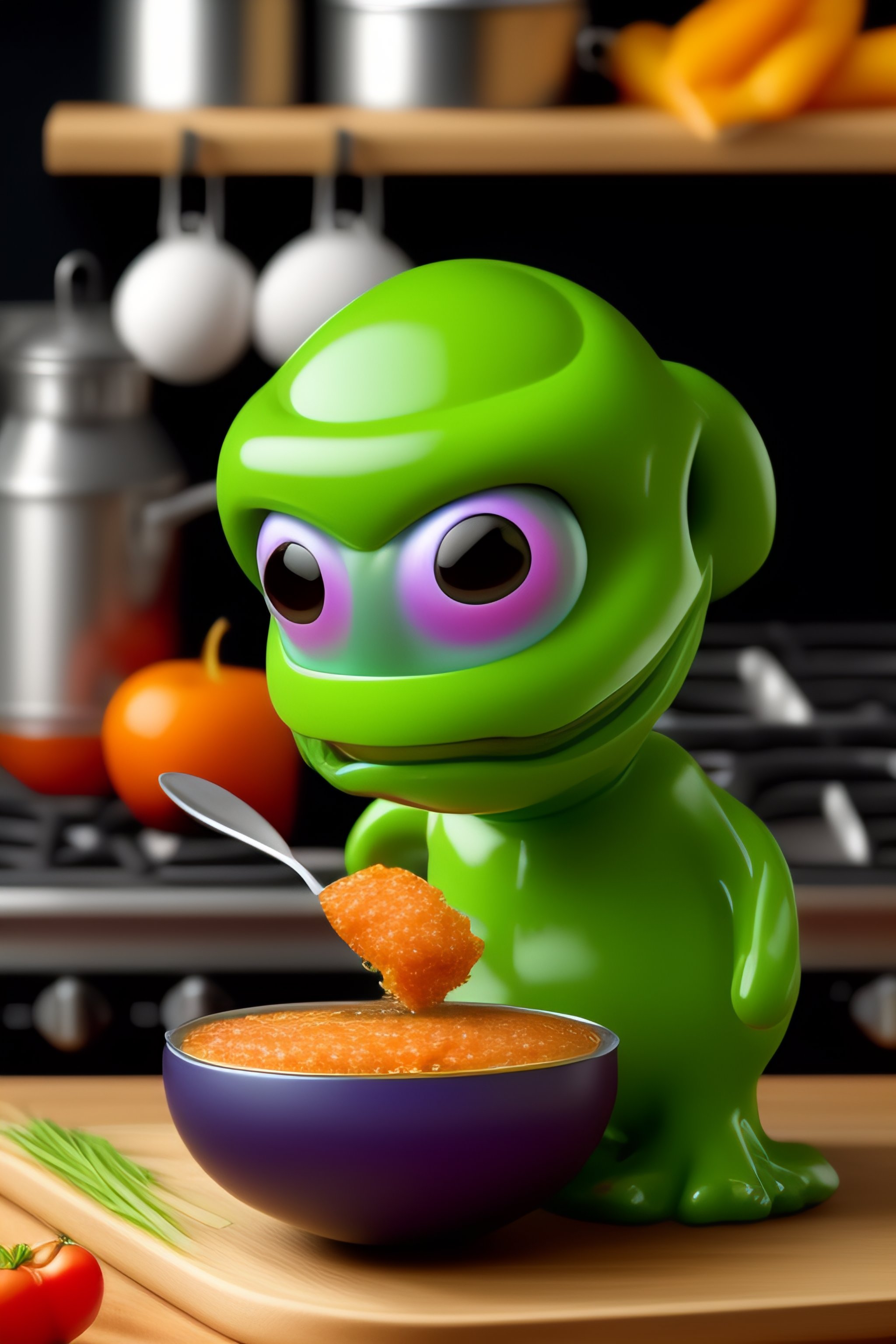 Lexica - An alien that looks friendly and is cooking a coackroache