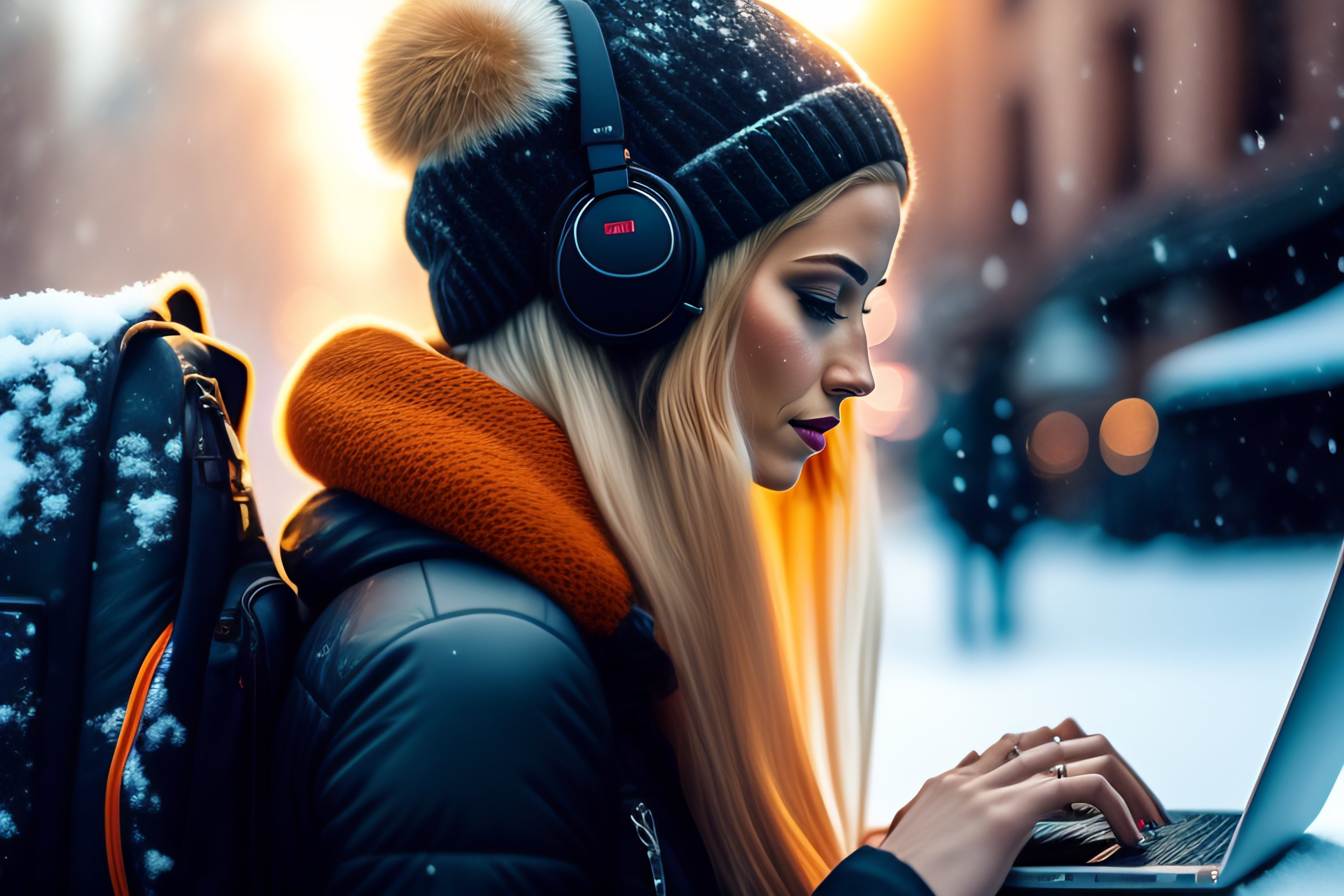 Lexica - Hipster, backback, outside in snow. blond, on macbook ...