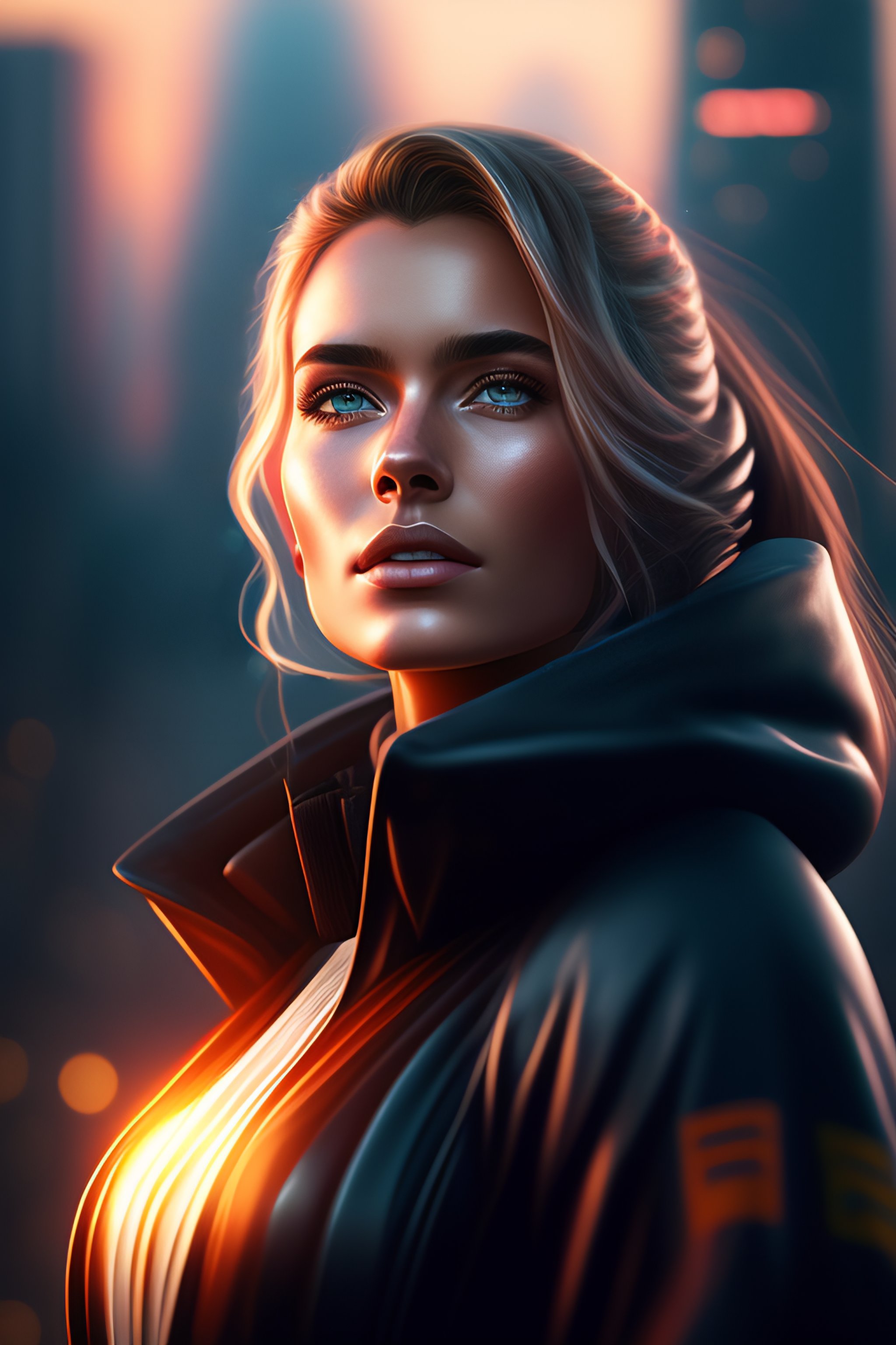 Lexica - Portrait of a jedi girl on a roof with a futurism city below ...