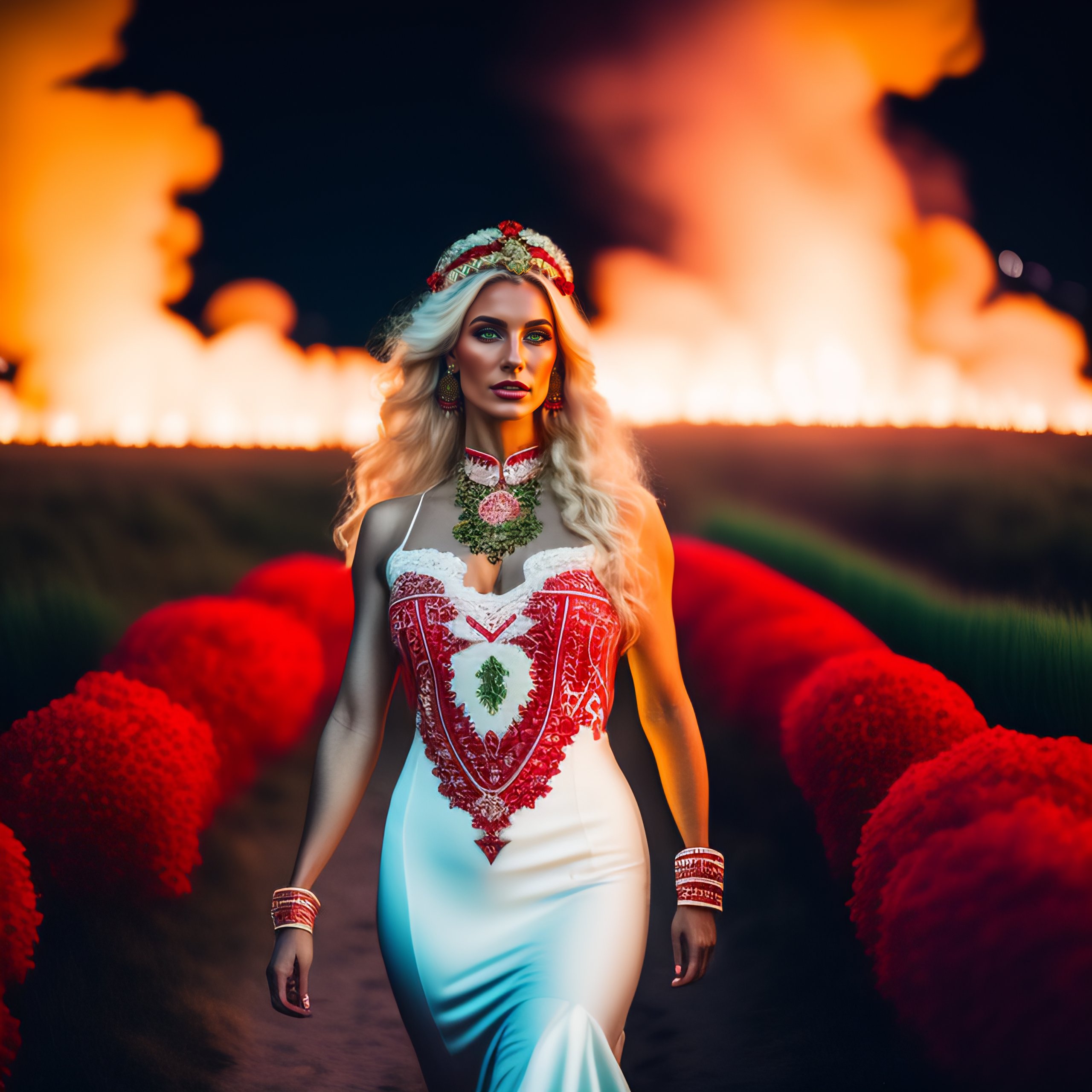 Lexica - Long shot of a Blonde, green eyed female balkan woman walking ...