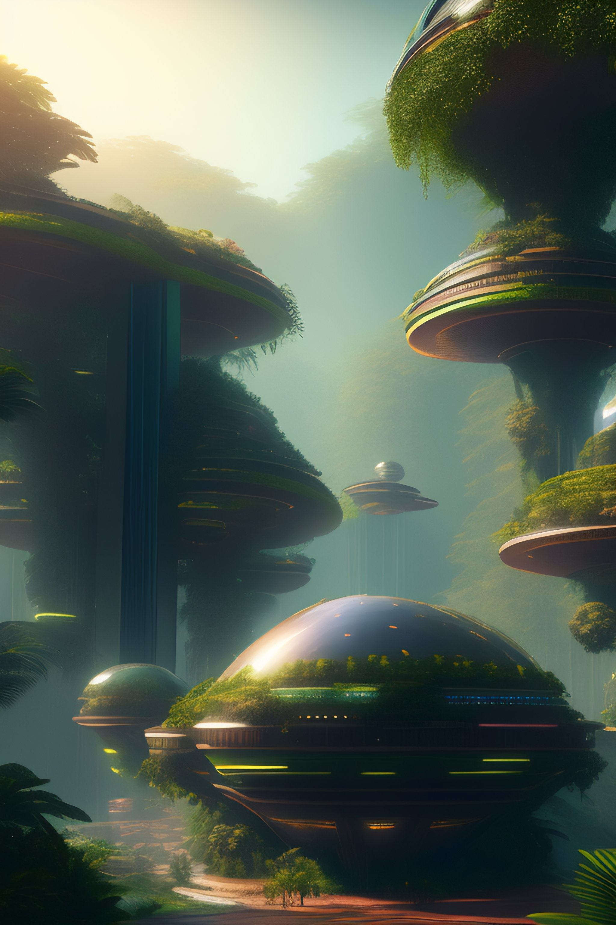 Lexica - A high tech solarpunk utopia in the Amazon rainforest -, volumetric lighting ...