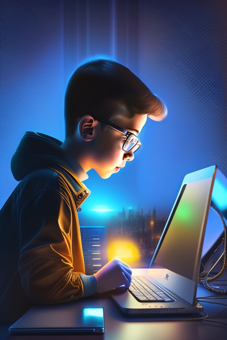 Lexica - A nerdy boy is programming at a computer in a room full of ...