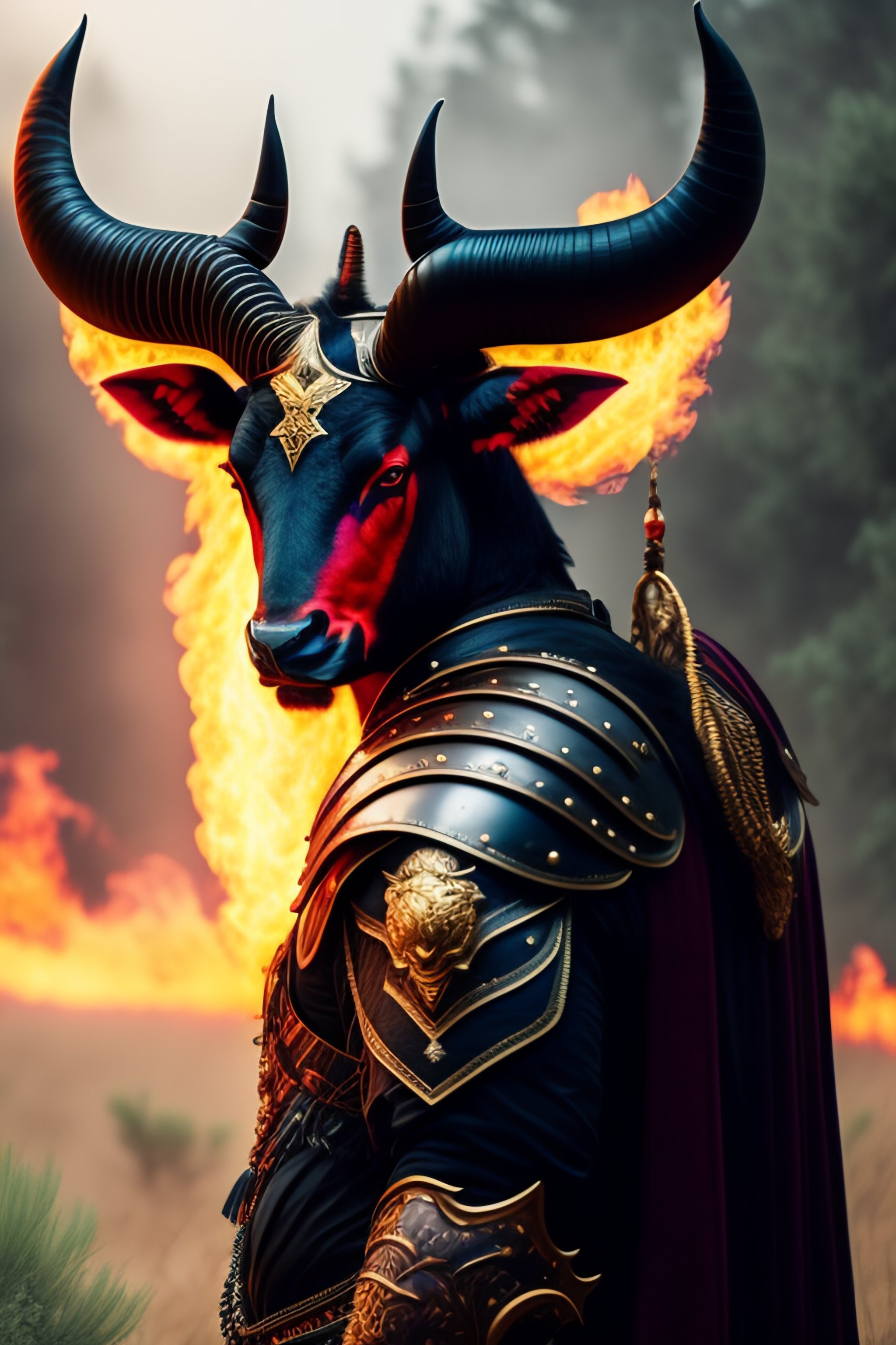 Lexica - Devil with bull big horns in armor fire in forest