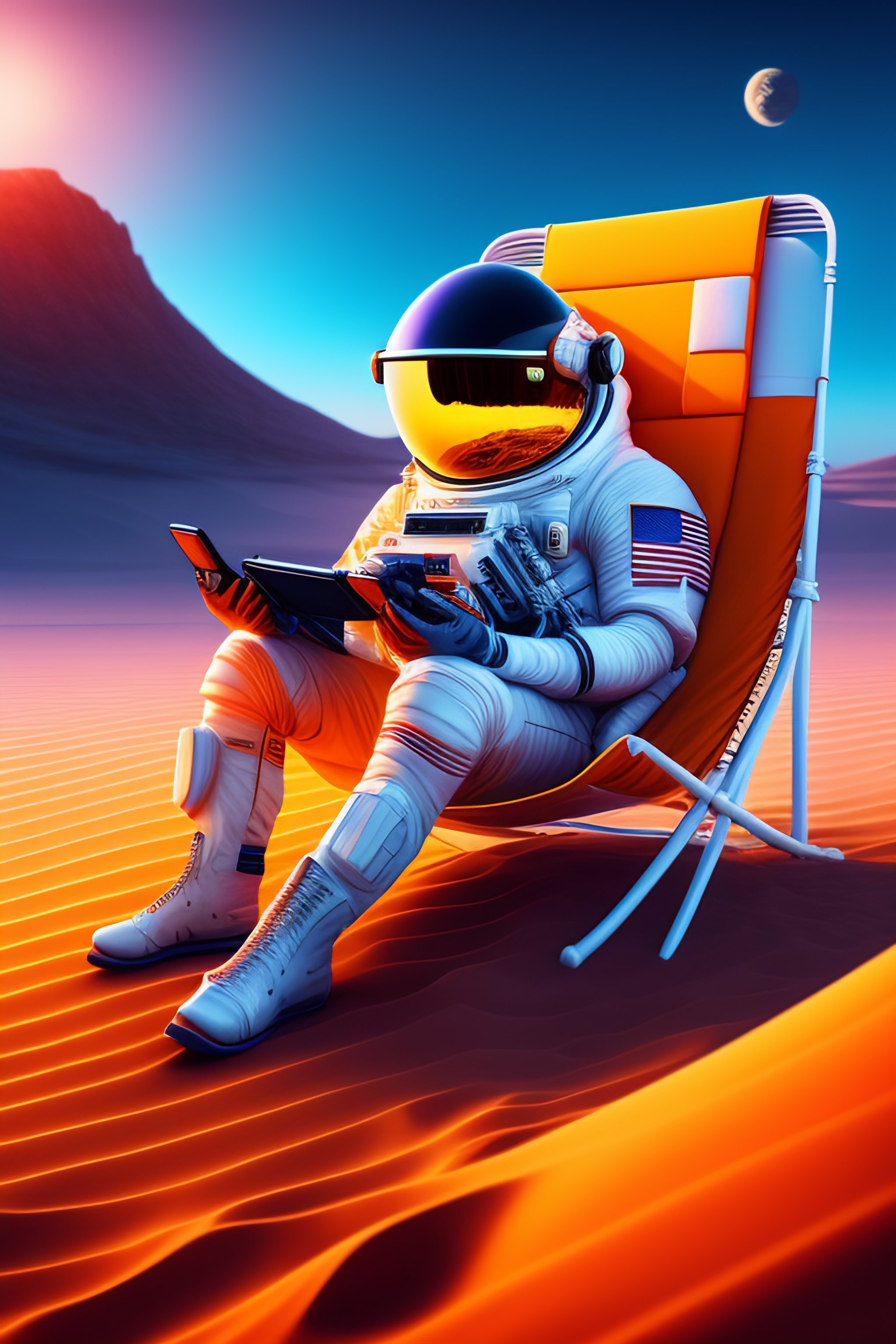 Lexica - An astronaut resting on mars in a beach chair playing ...