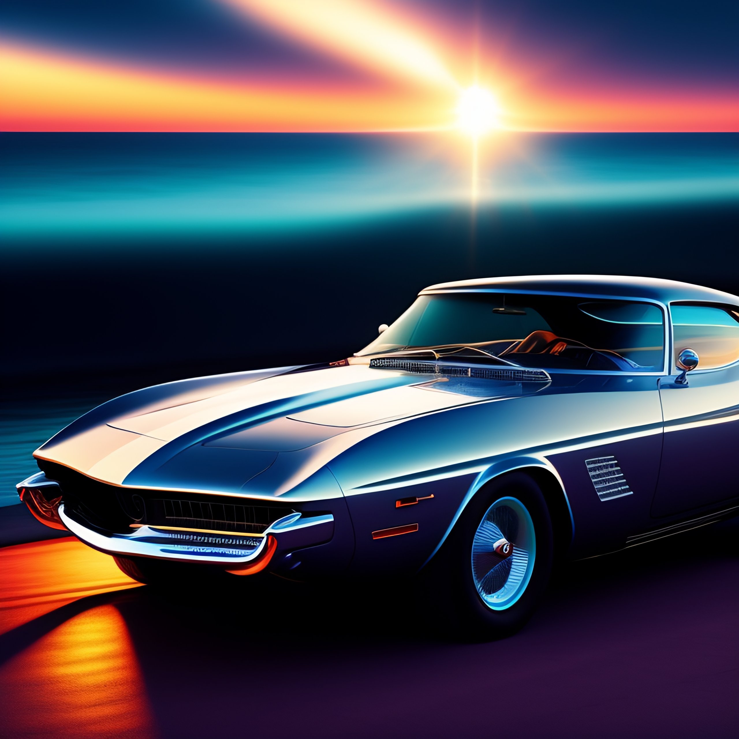 Lexica - Close up shot of the back of a chrome metal car, ocean ...