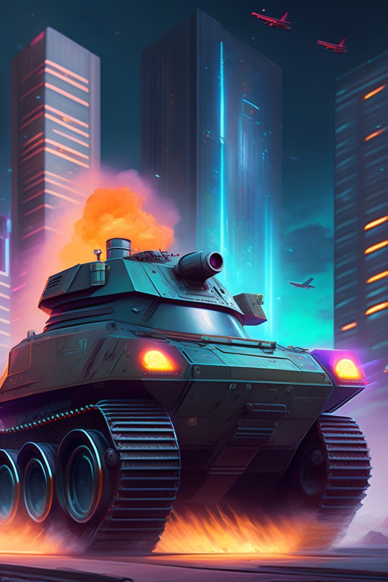 Lexica - Draw a tank in the cyberpunk style, it has a tower with 20 ...