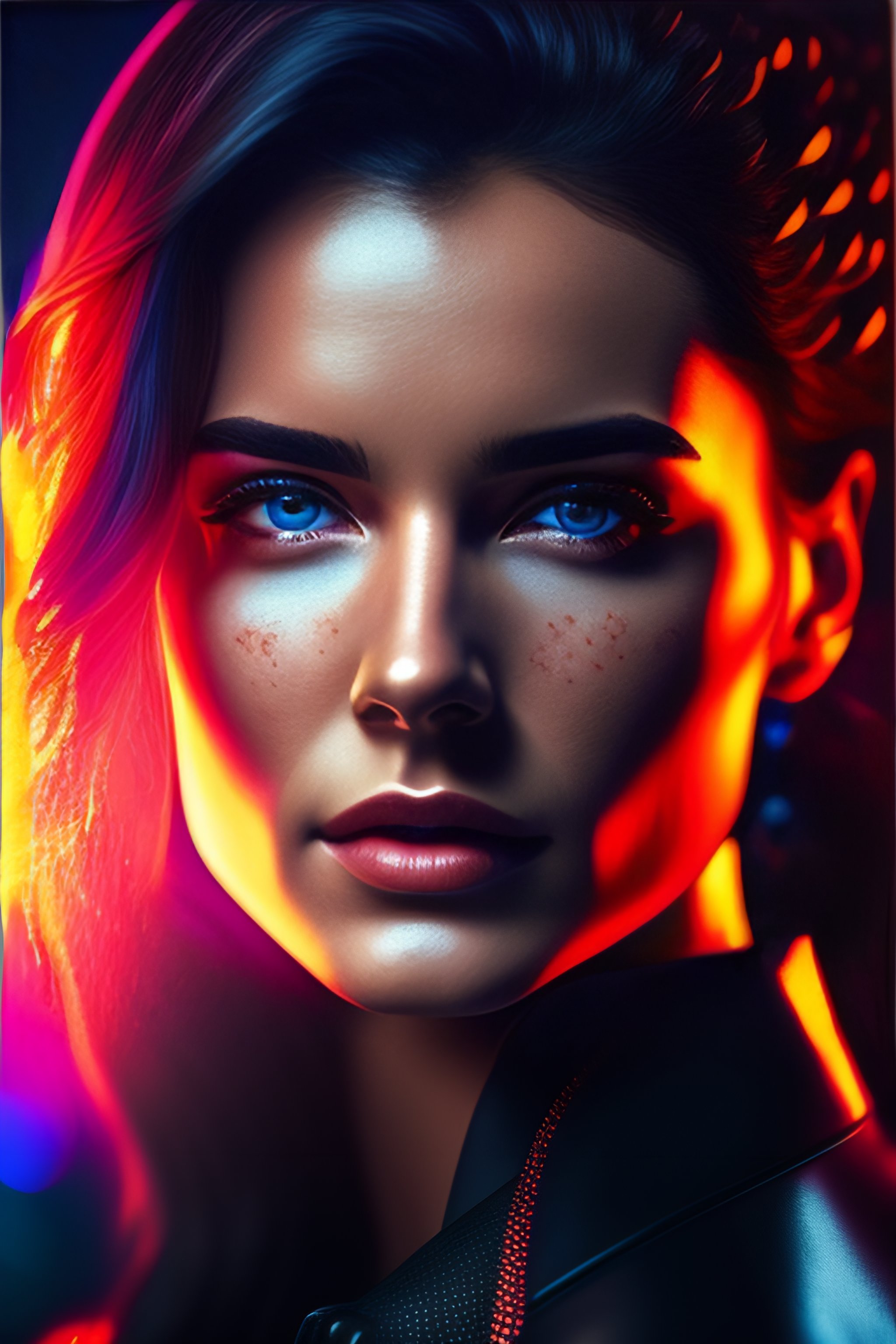 Lexica - Portrait photo of a cyber women's face, black leather jacket ...